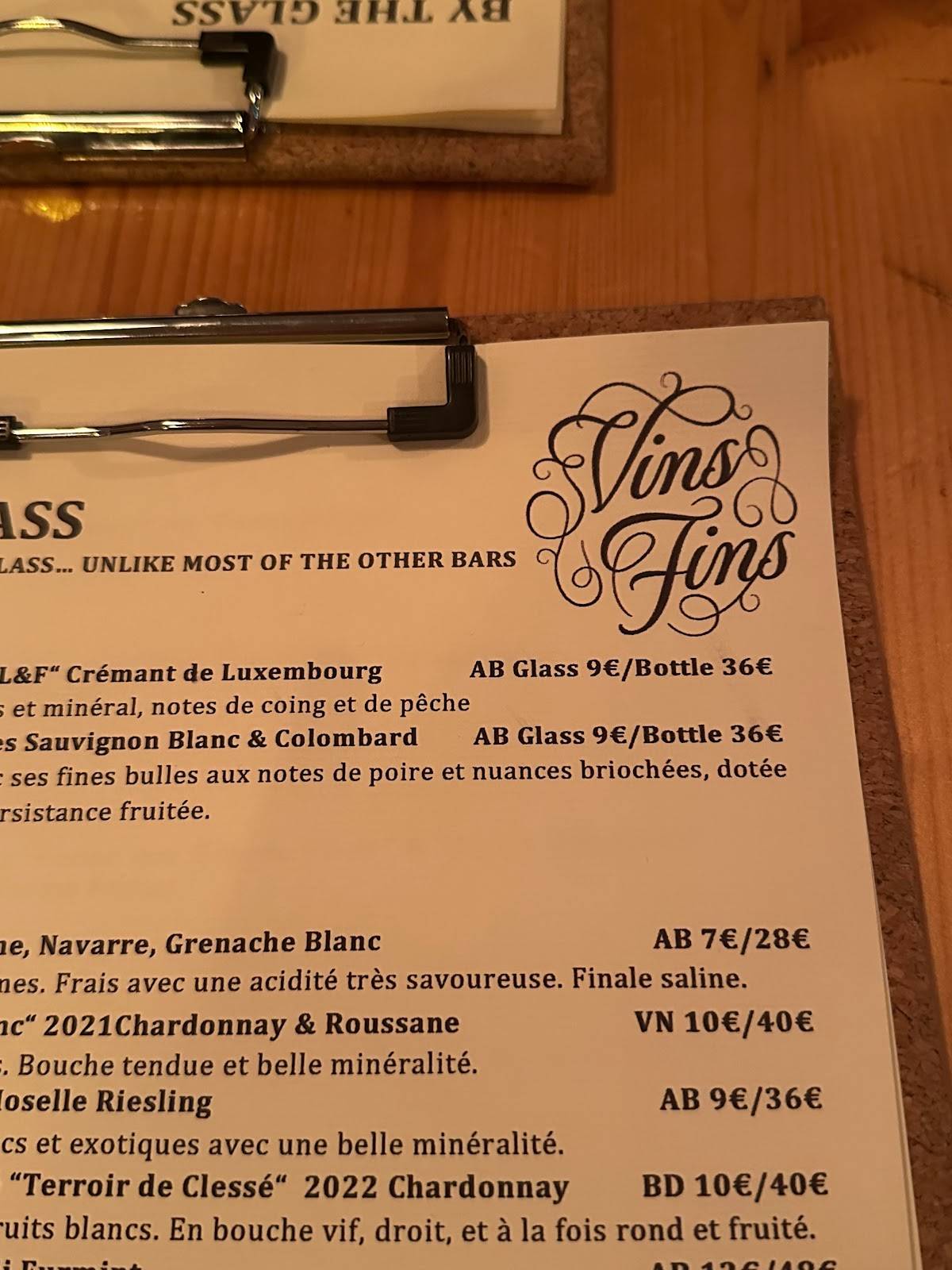 Speisekarte von Vins Fins pub & Bar, Luxemburg