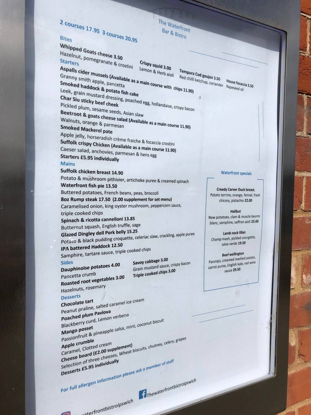 Menu at Waterfront Bistro Ipswich pub & bar, Ipswich, 15 Regatta Quay