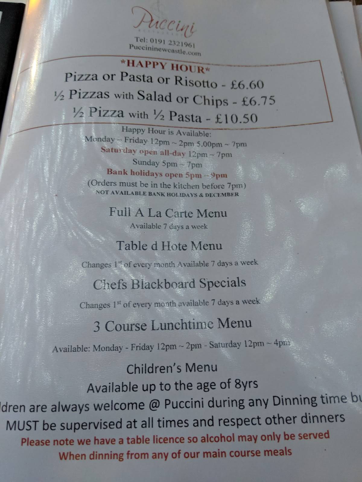 Menu at Puccini Restaurant, Newcastle upon Tyne