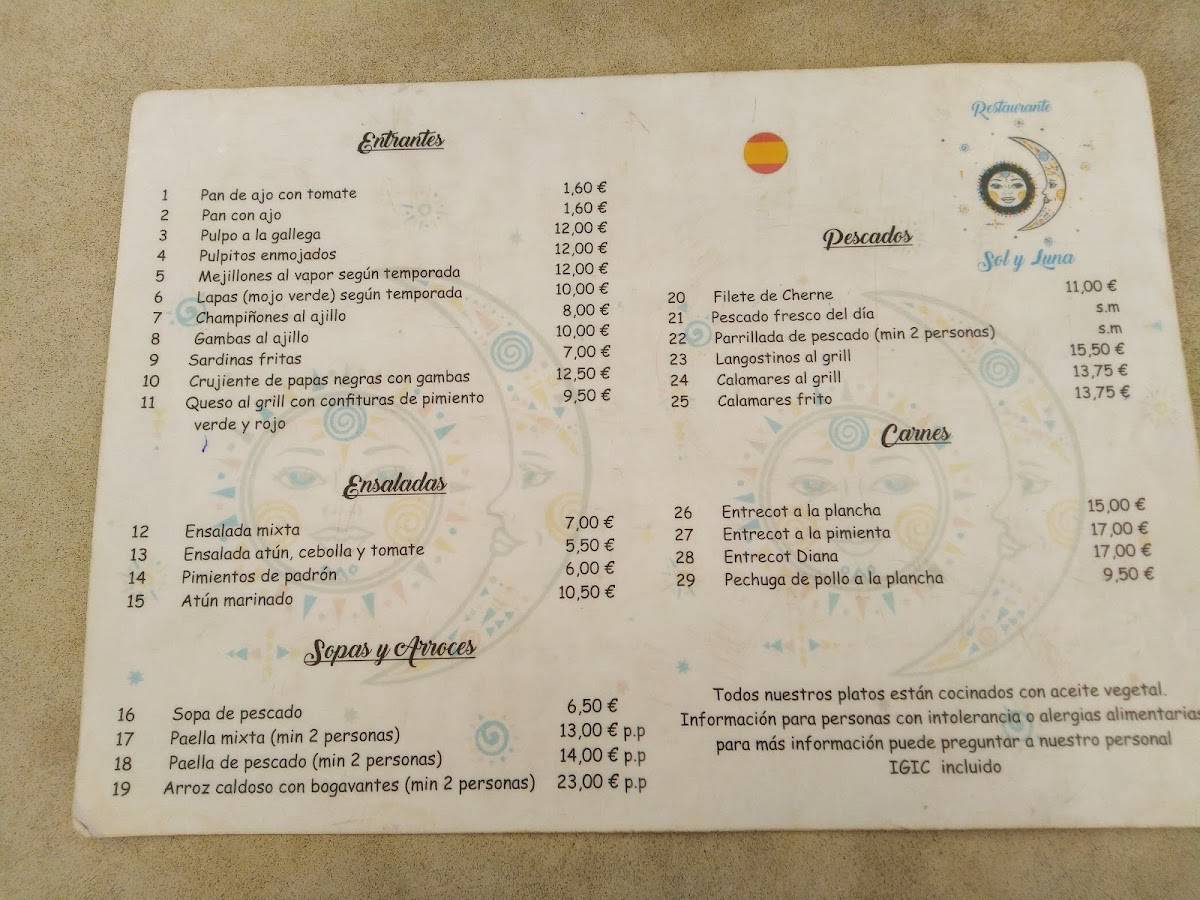 Carta de Restaurante Sol Y Luna, Punta Mujeres
