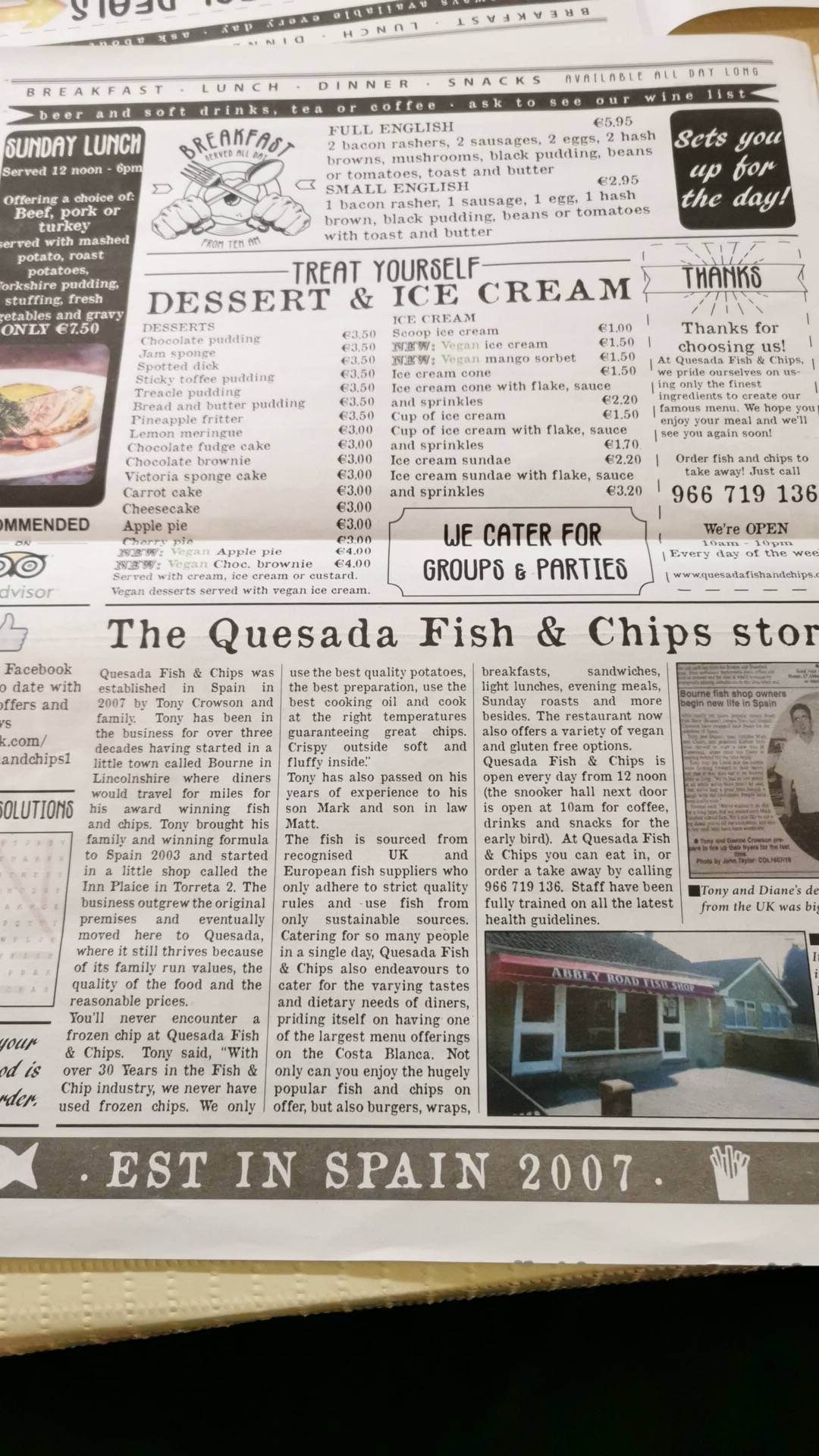 Menu at Quesada Fish and Chips restaurant, Quesada