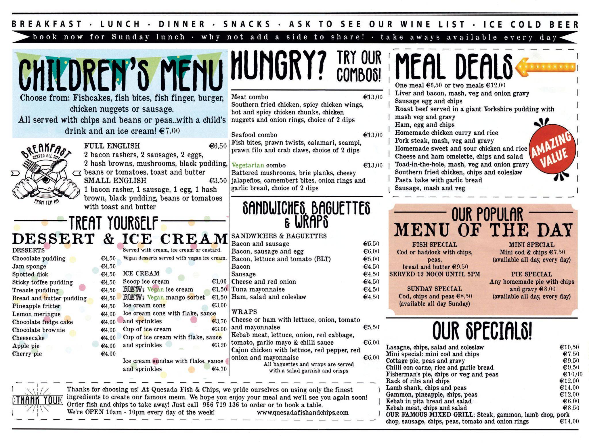 Menu at Quesada Fish and Chips restaurant, Quesada