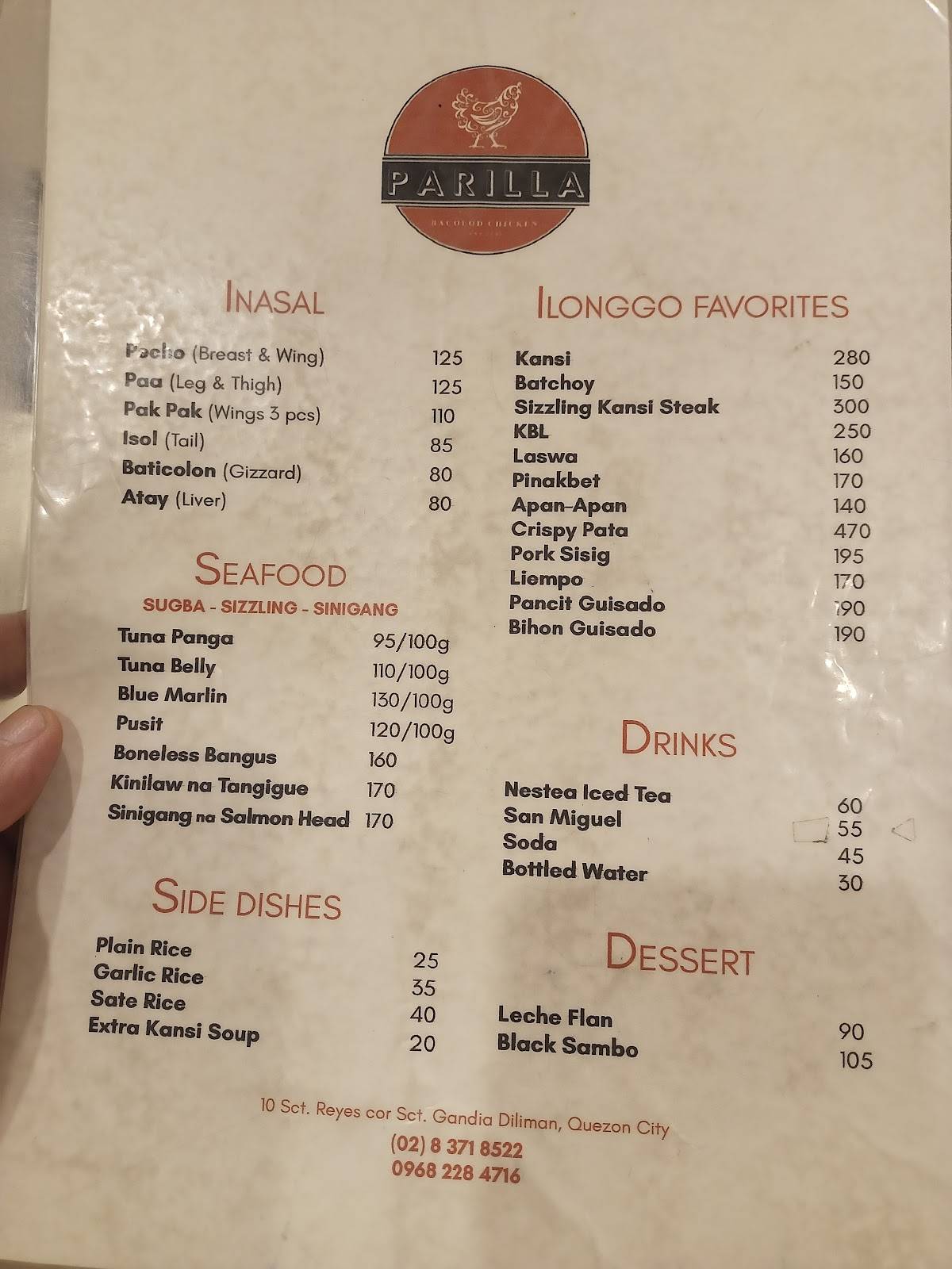Menu at Bacolod Chicken Parilla restaurant, Quezon City, 93 Sct. Reyes St