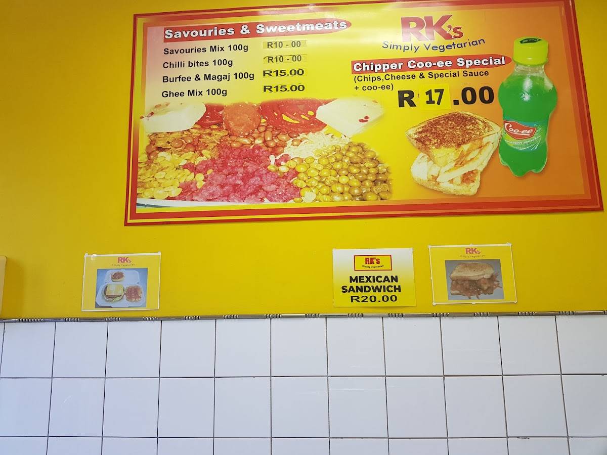 Menu at RK's Simply Vegetarian restaurant, Durban, 15 Millennium Blvd