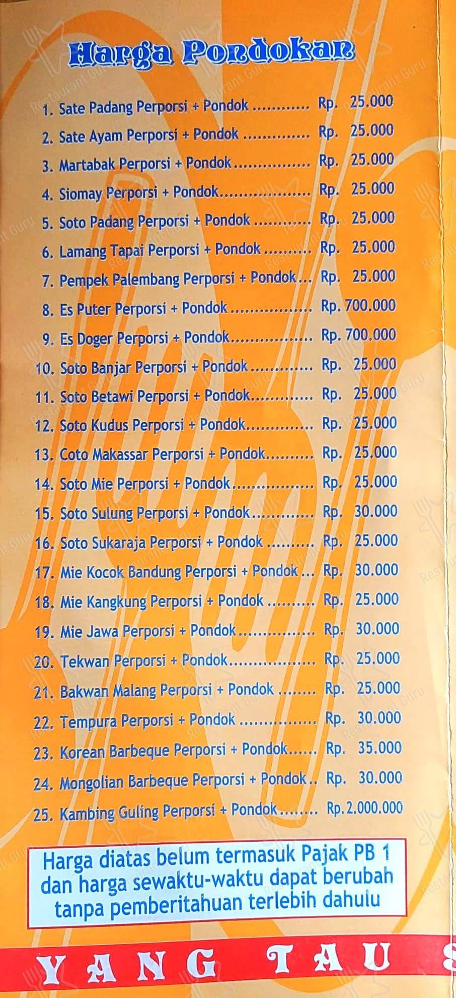 Menu at RM Sederhana restaurant, Jakarta, QRQC+WMC
