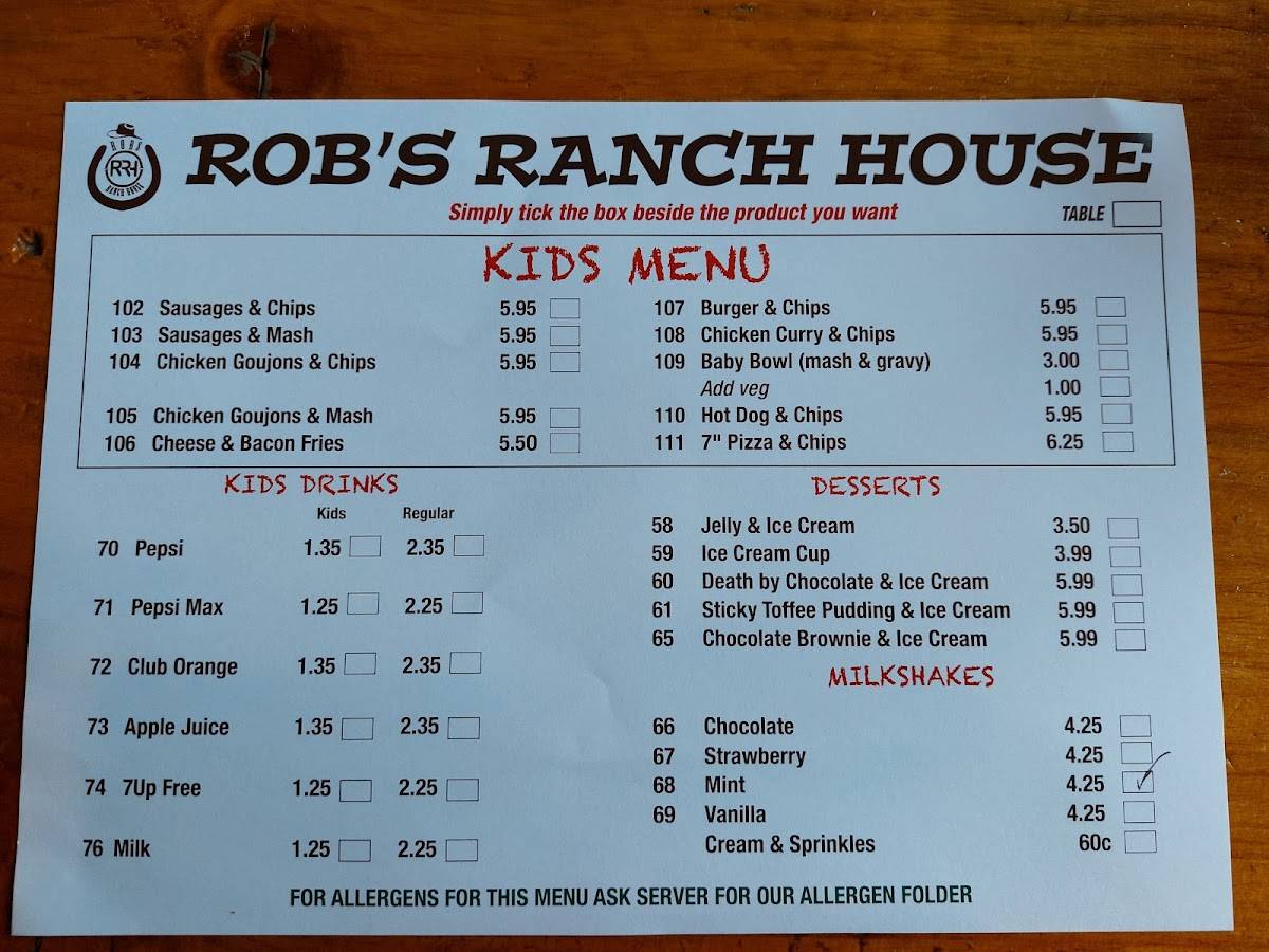 Menu at Rob's Ranch House restaurant, Athlone