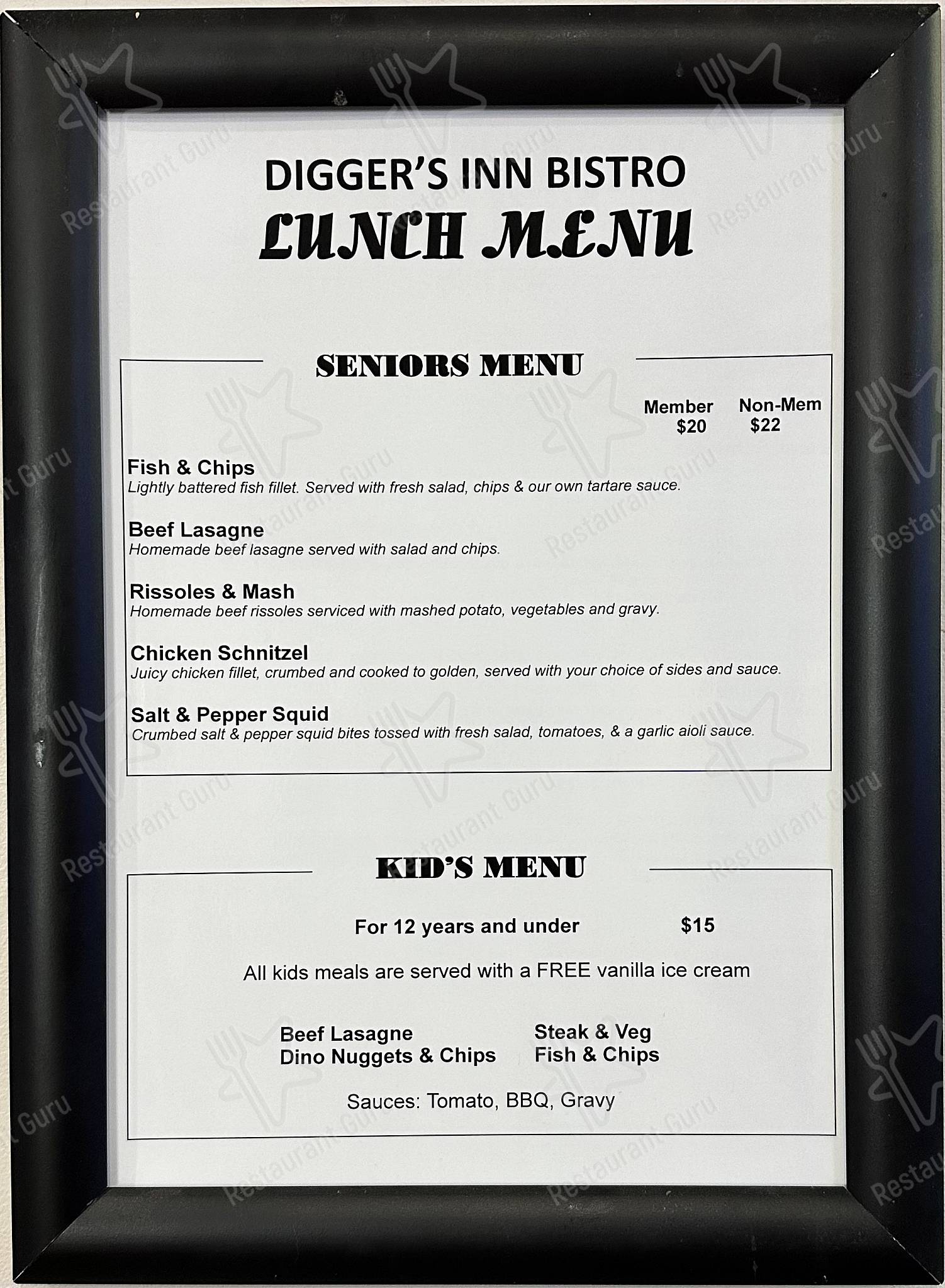 Menu at RSL Bistro restaurant, Longreach