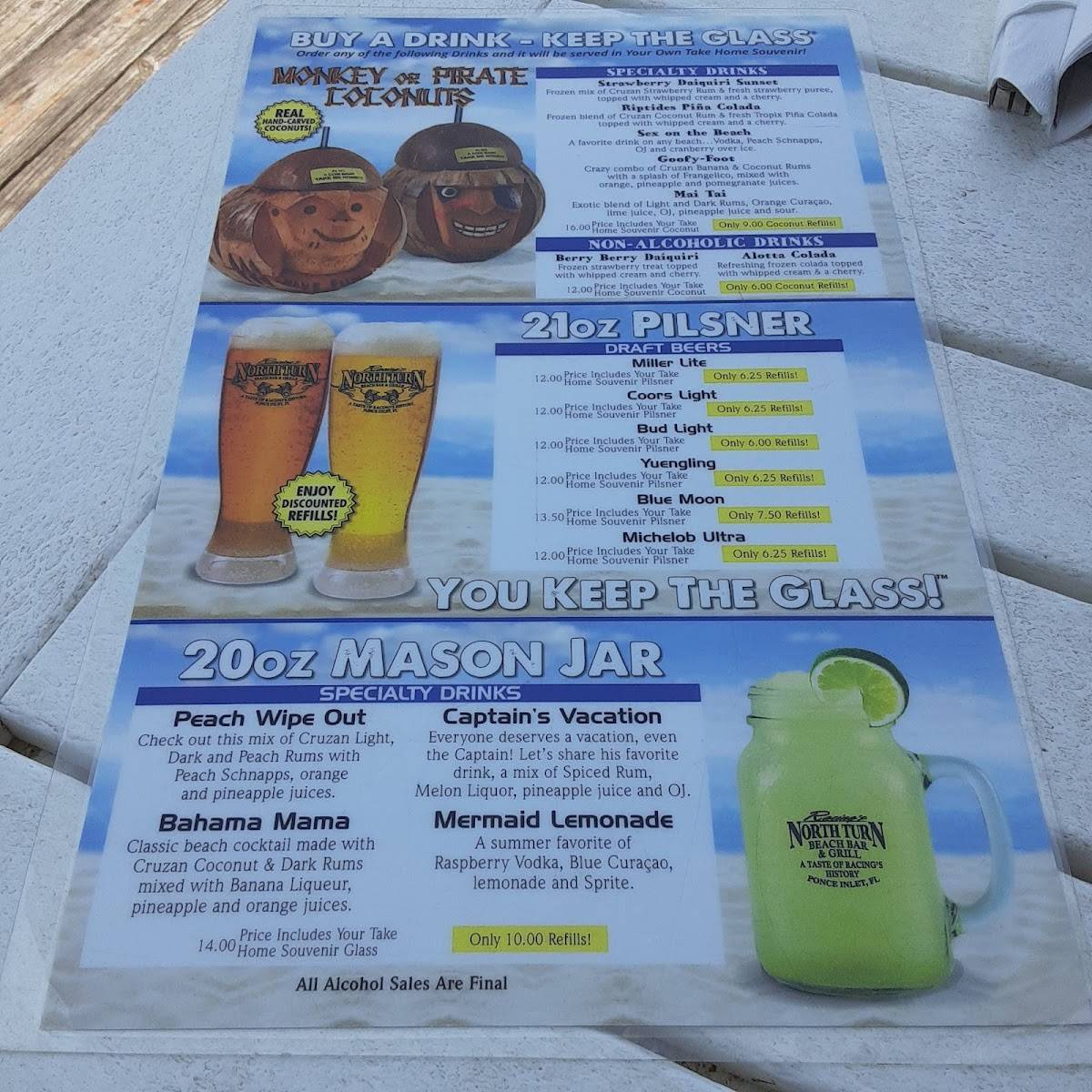 Menu at Racing's North Turn restaurant, Ponce Inlet