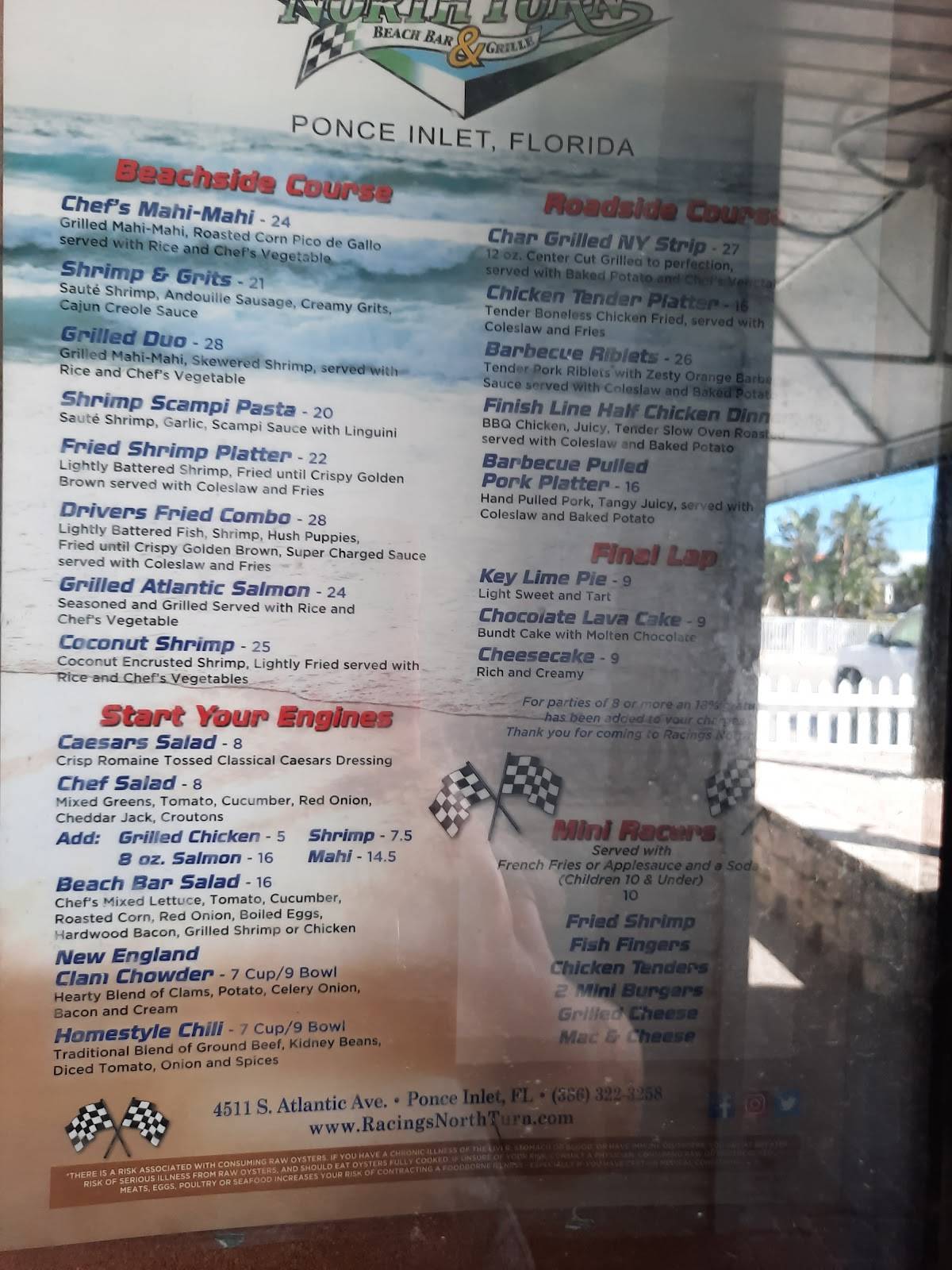 Menu at Racing's North Turn restaurant, Ponce Inlet