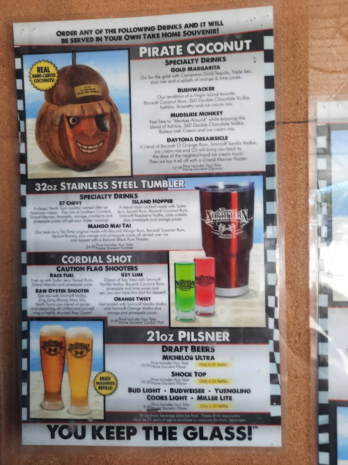 Menu at Racing's North Turn restaurant, Ponce Inlet
