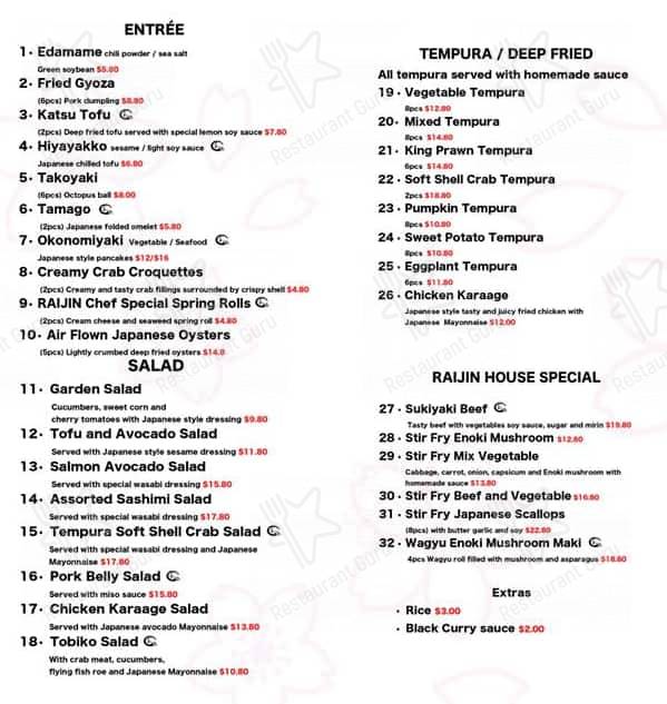 Menu at Raijin restaurant, McKellar