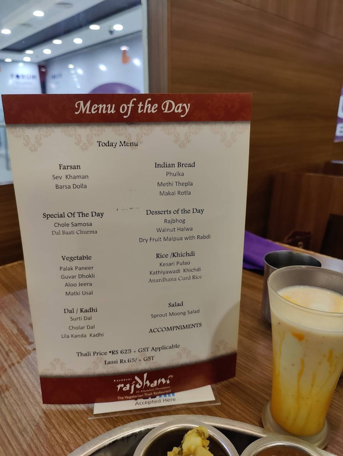 Menu at Rajdhani Thali Restaurant, Hyderabad, The Forum Sujana Mall