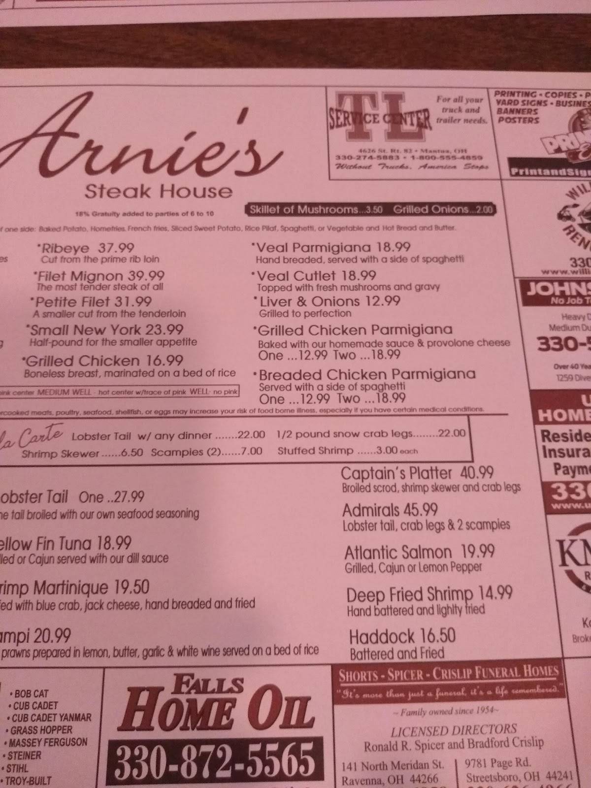 Menu at Arnie's West Branch Steak House steakhouse, Ravenna
