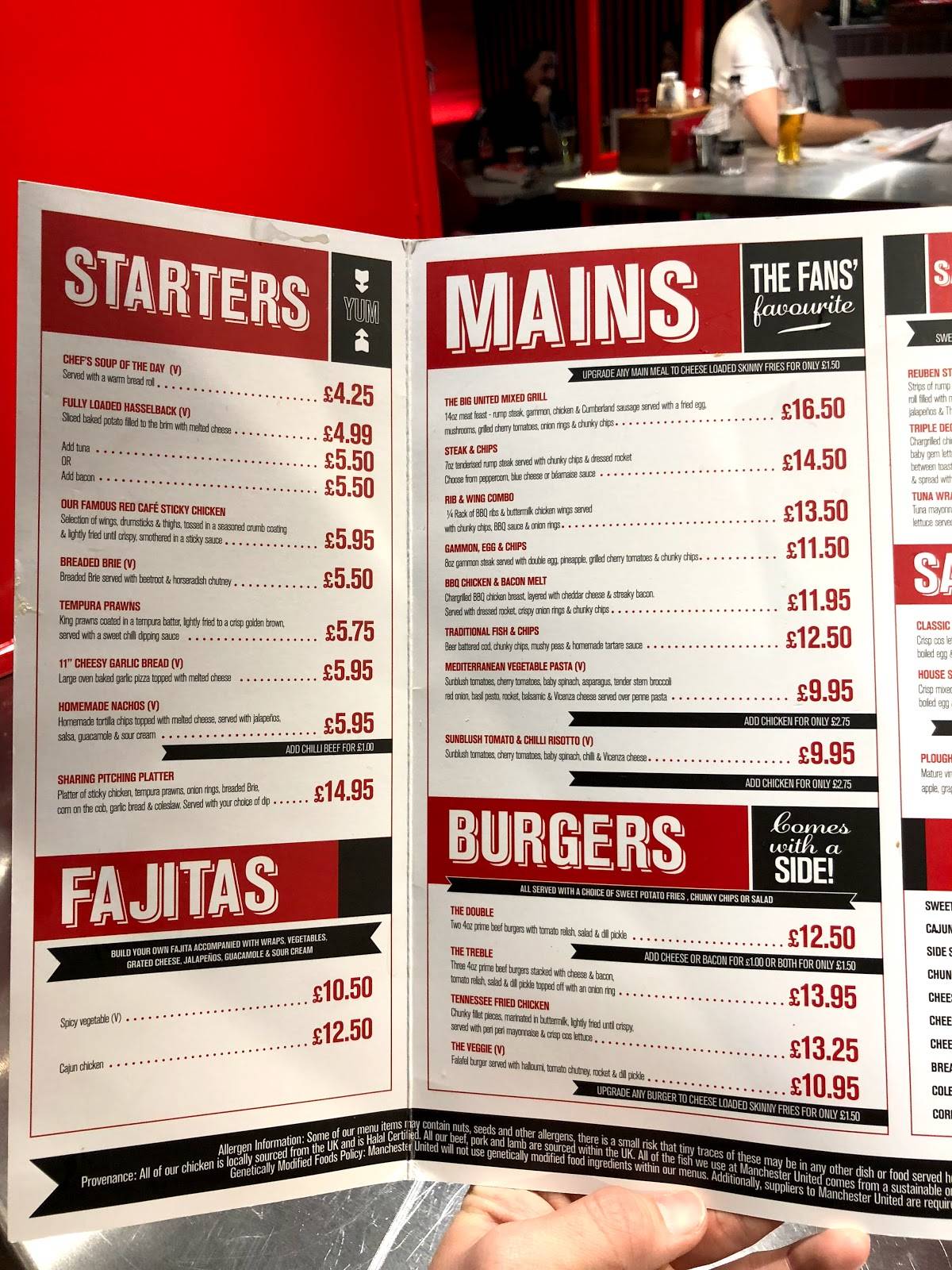 Menu at Red Café at Old Trafford cafe, Manchester, Stadium