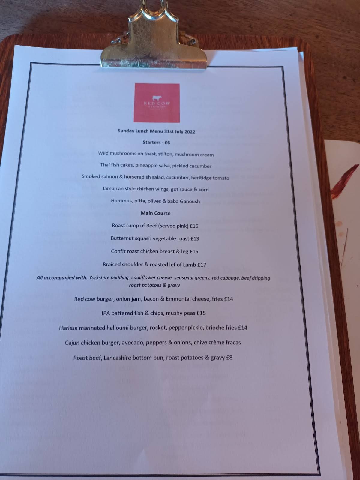 Menu at Red Cow, Nantwich pub & bar, Nantwich, 51 Beam St