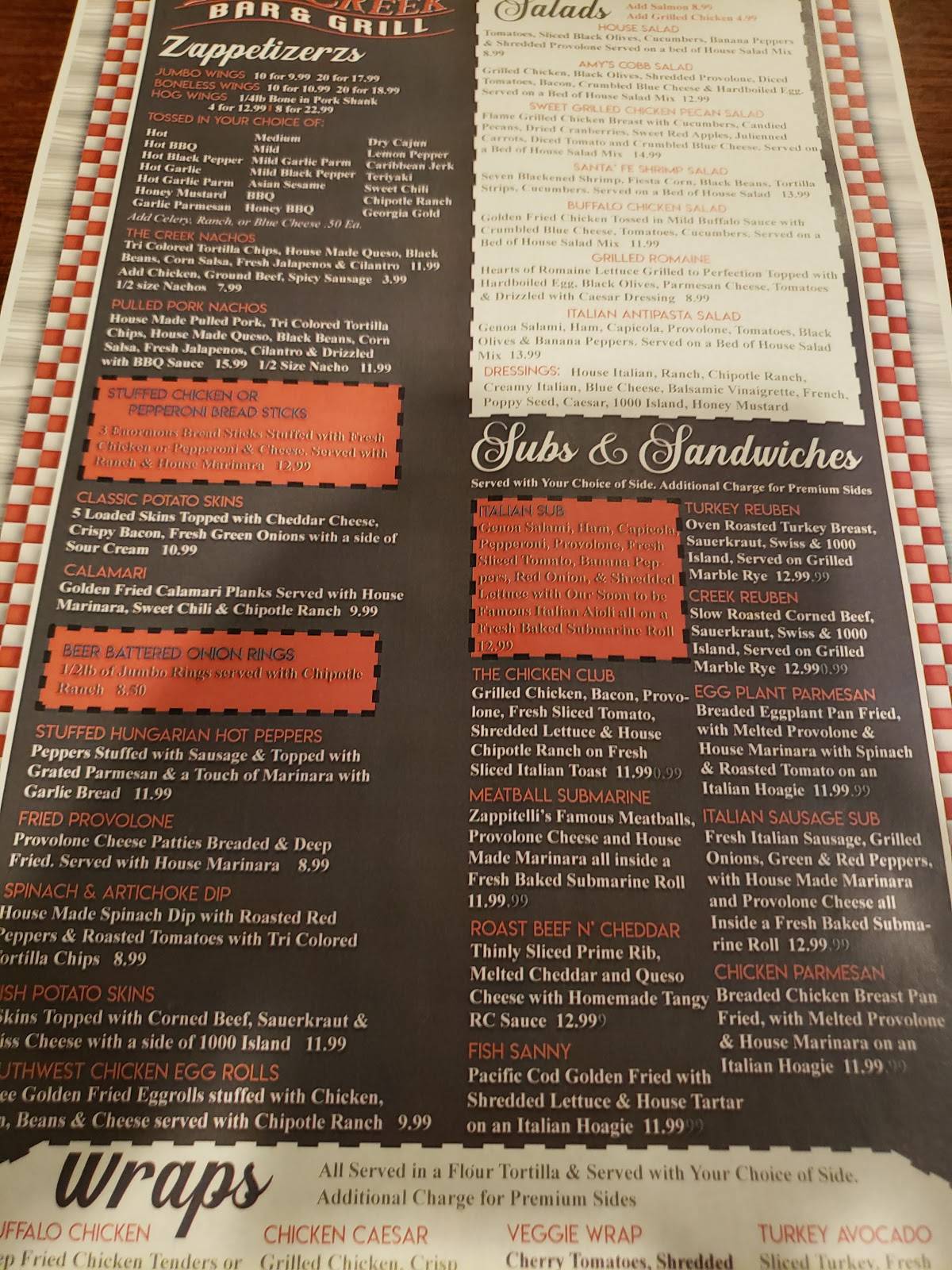 Menu at Red Creek Bar & Grill, Painesville