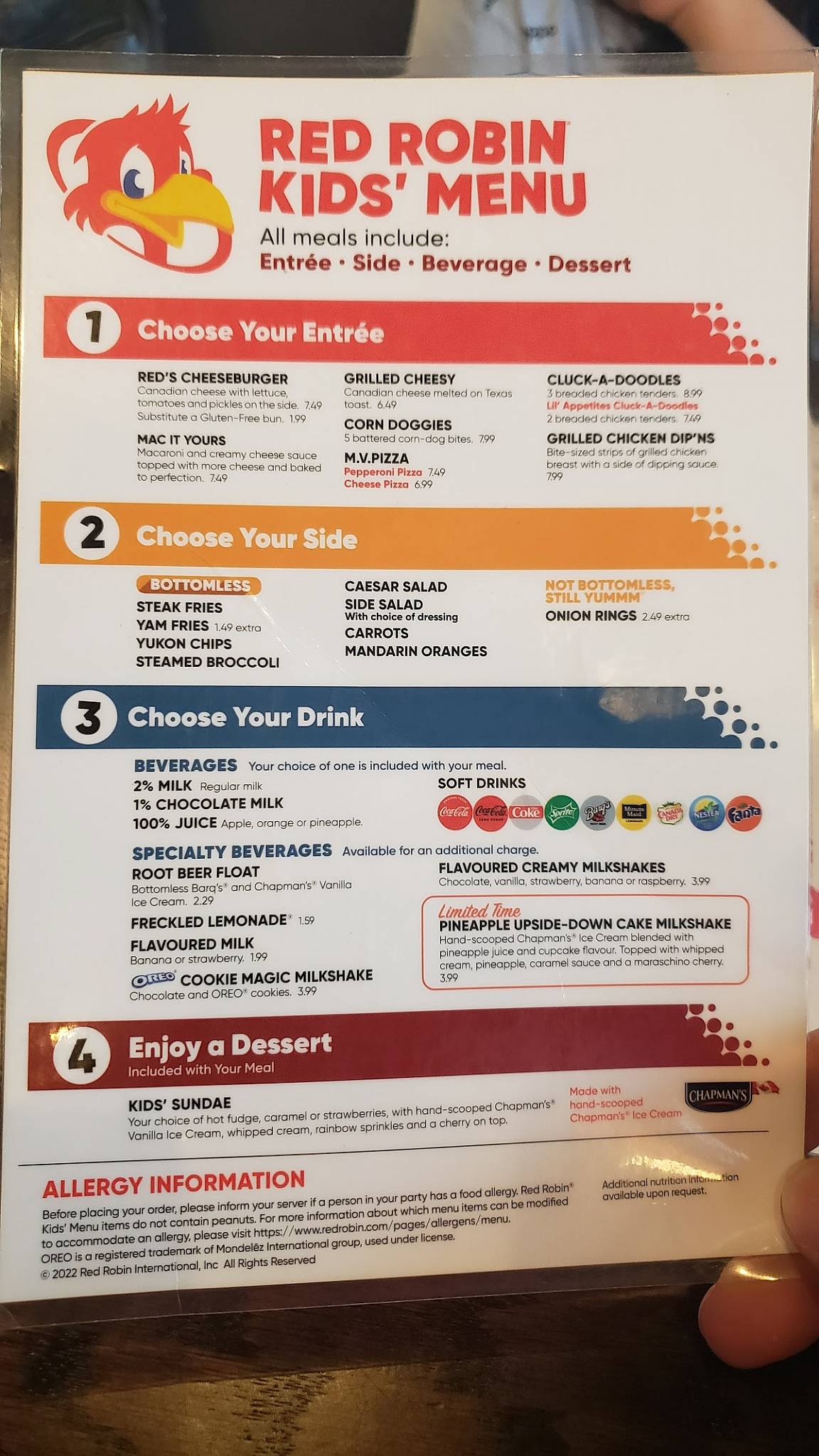 Menu at Red Robin Gourmet Burgers and Brews restaurant, Kelowna
