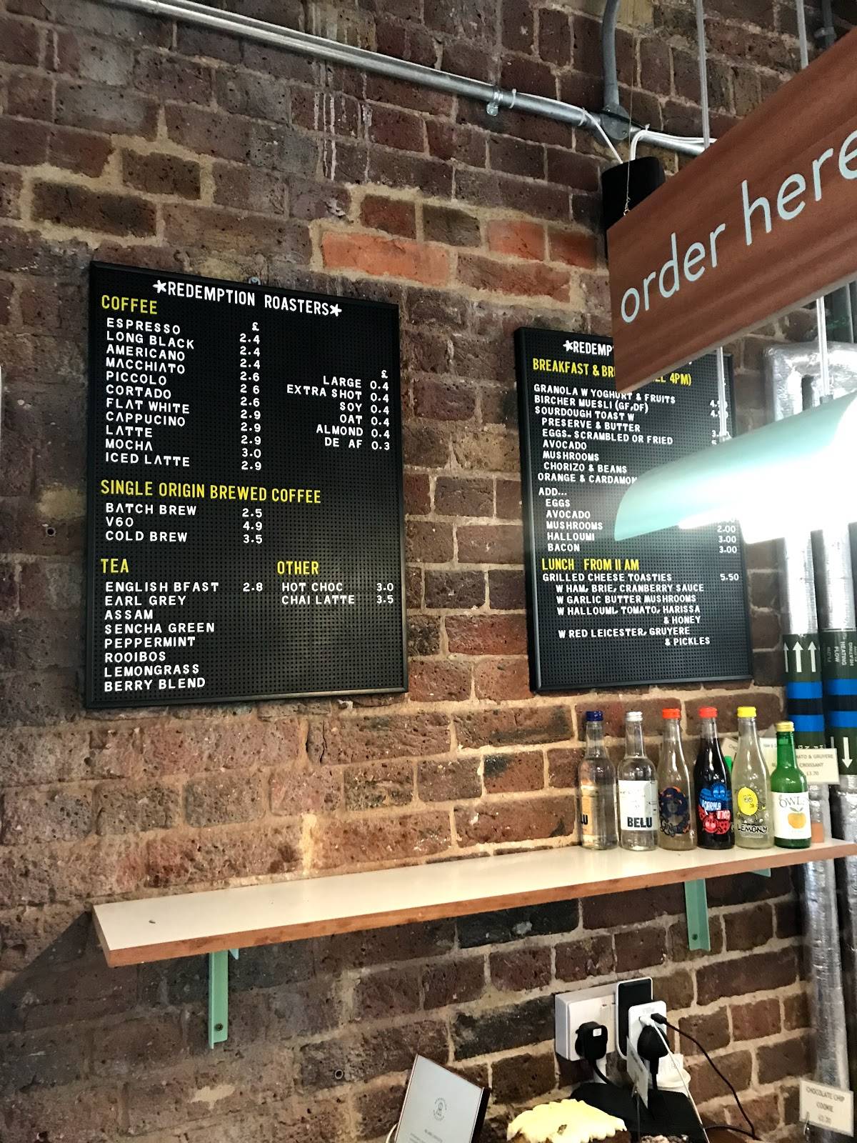 Menu at Redemption Roasters cafe, London, Unit 109 Stable St