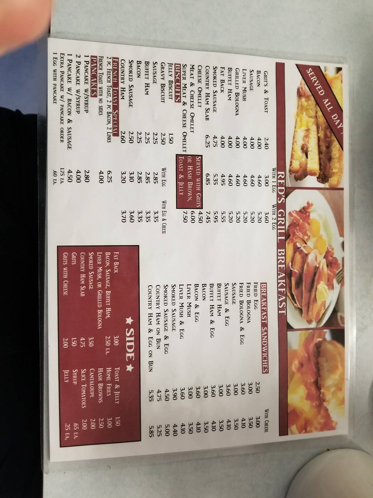 Menu at Red's Grill restaurant, Rock Hill