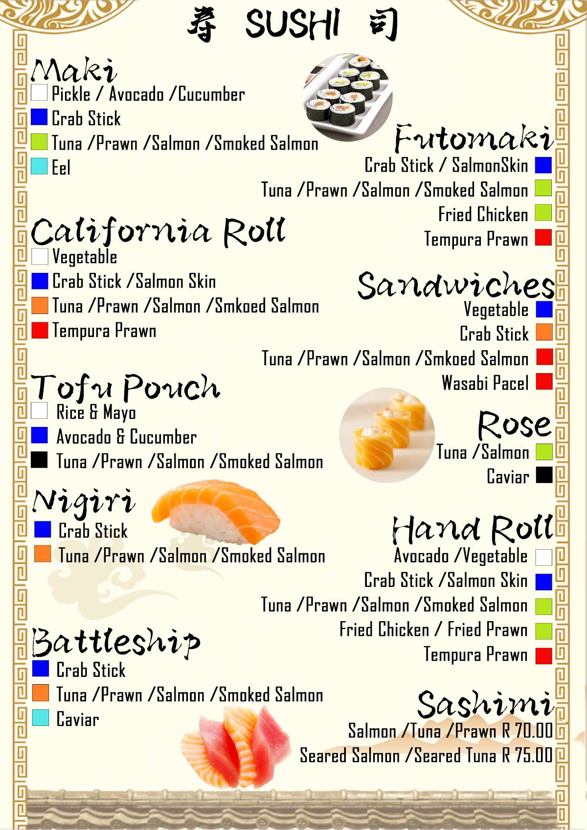 Menu at Rejoice sushi bar, Sandton
