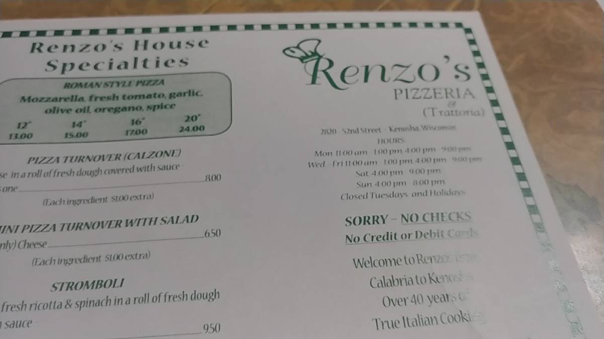 Menu at Renzo's Pizzeria & Trattoria, Kenosha