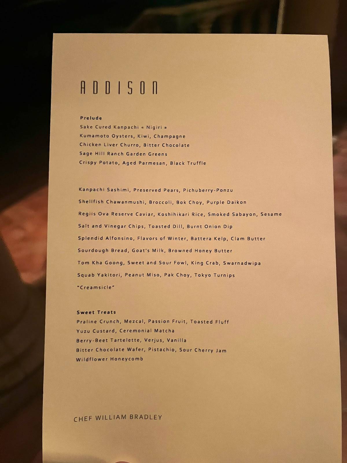 Menu at ADDISON restaurant, San Diego