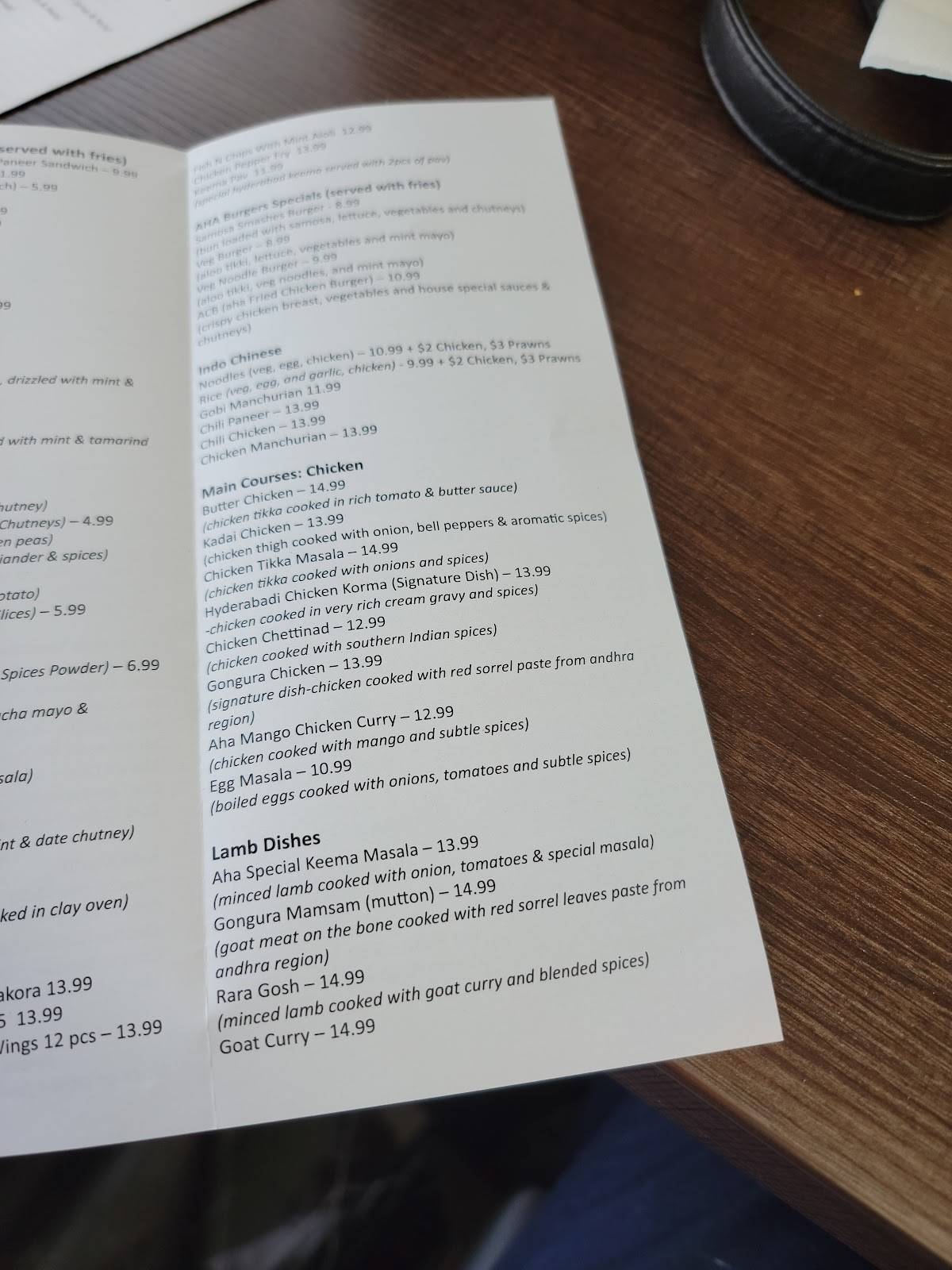 Menu au AHA Indian Food Paradise restaurant, Langley