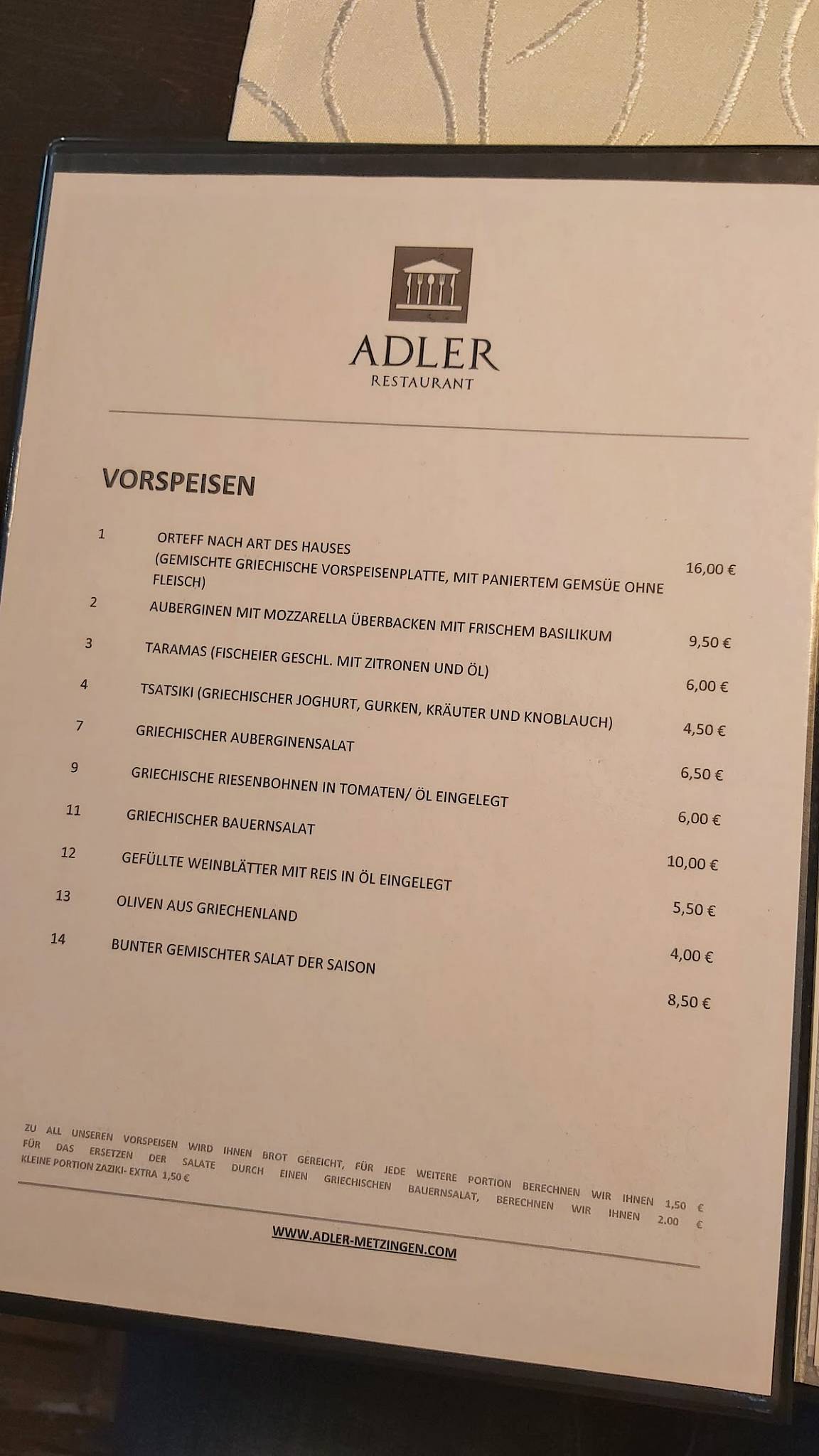 Speisekarte von Restaurant Adler, Metzingen
