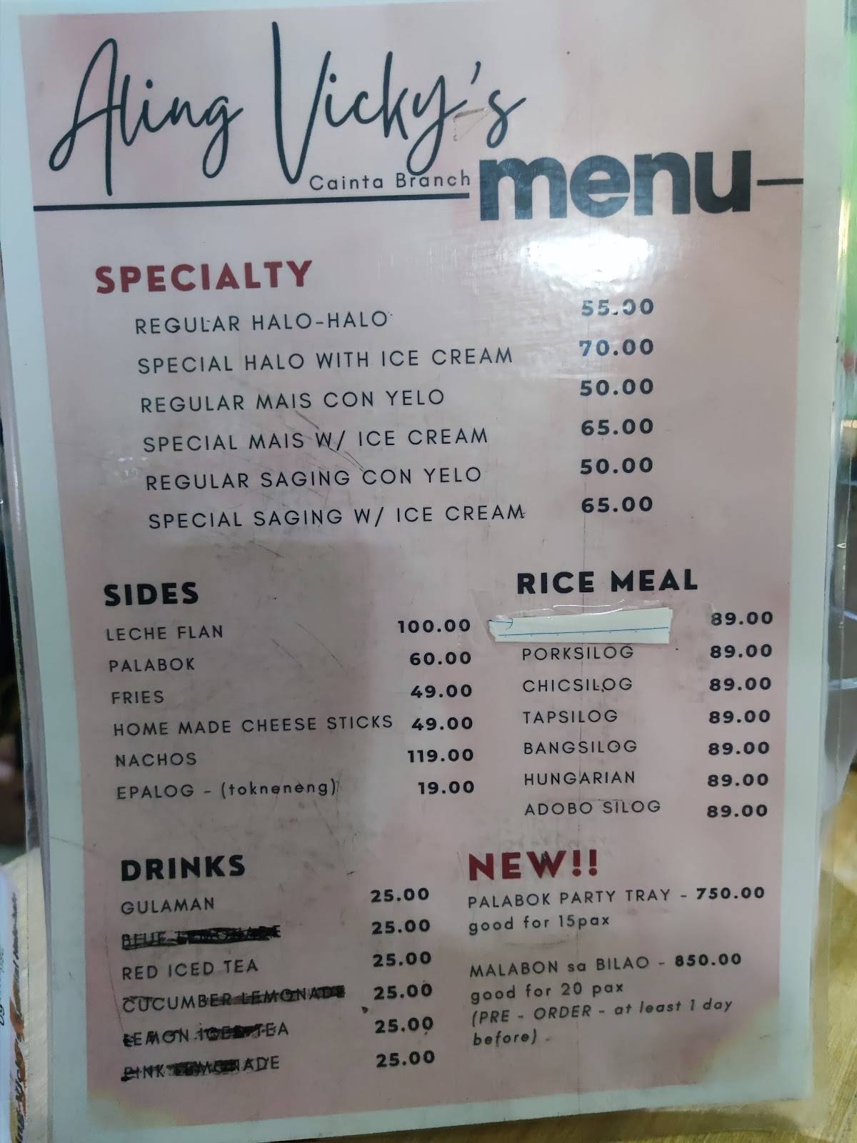 Menu at Aling Vicky's Halo-Halo restaurant, Cainta