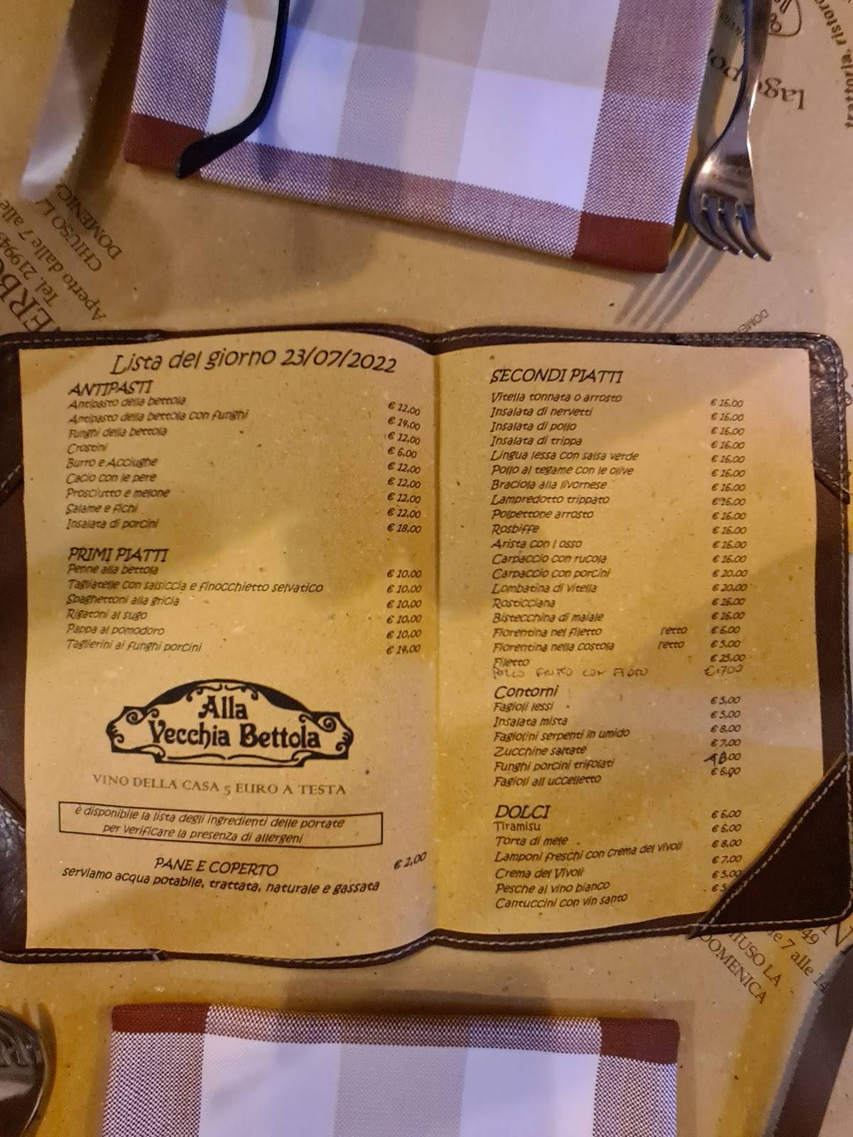 Menu at Alla Vecchia Bettola restaurant, Florence