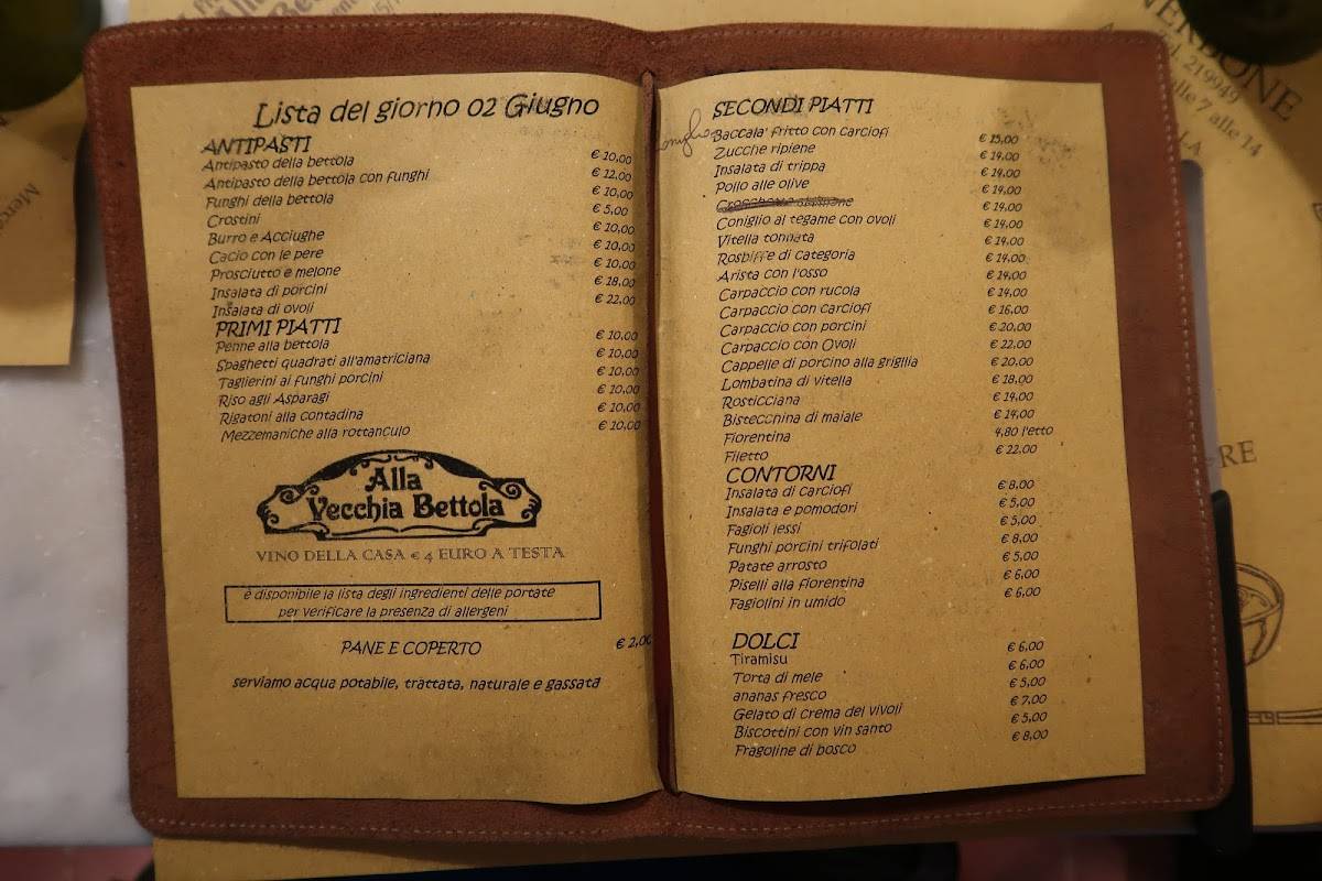 Menu at Alla Vecchia Bettola restaurant, Florence