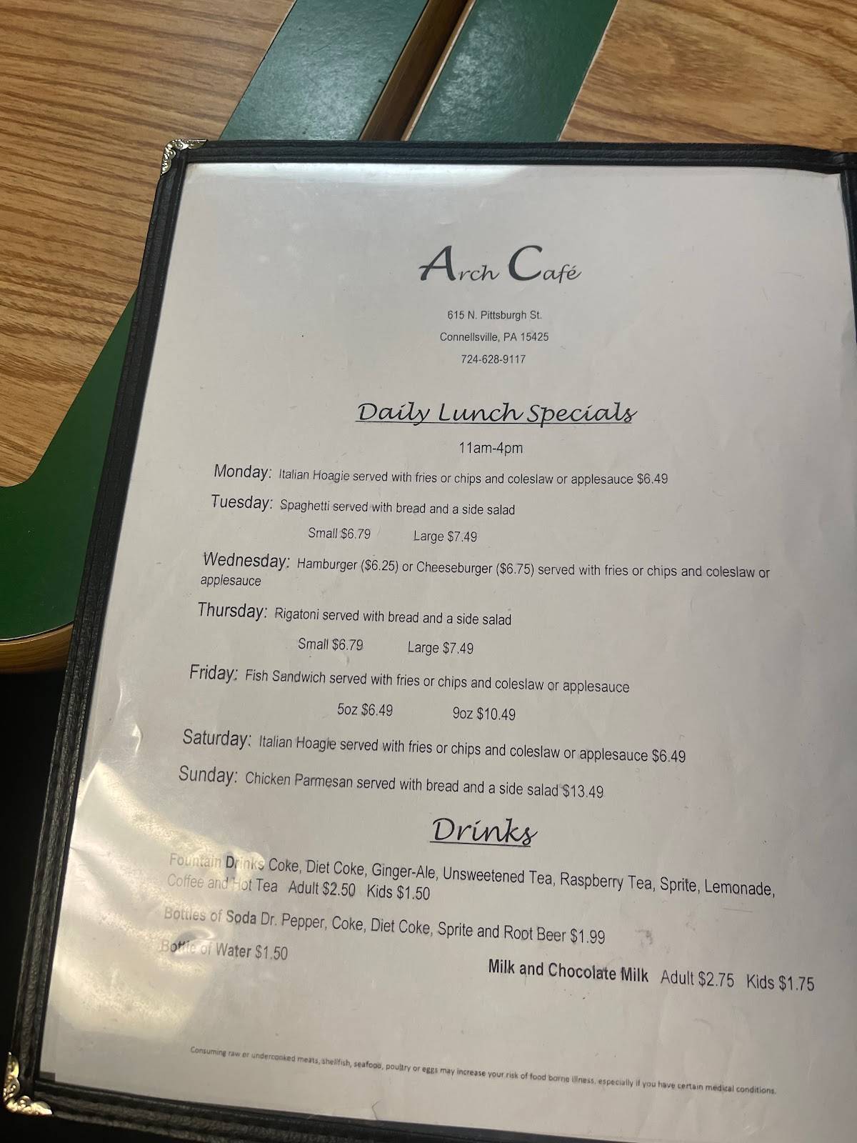 Menu at Arch Cafe, Connellsville