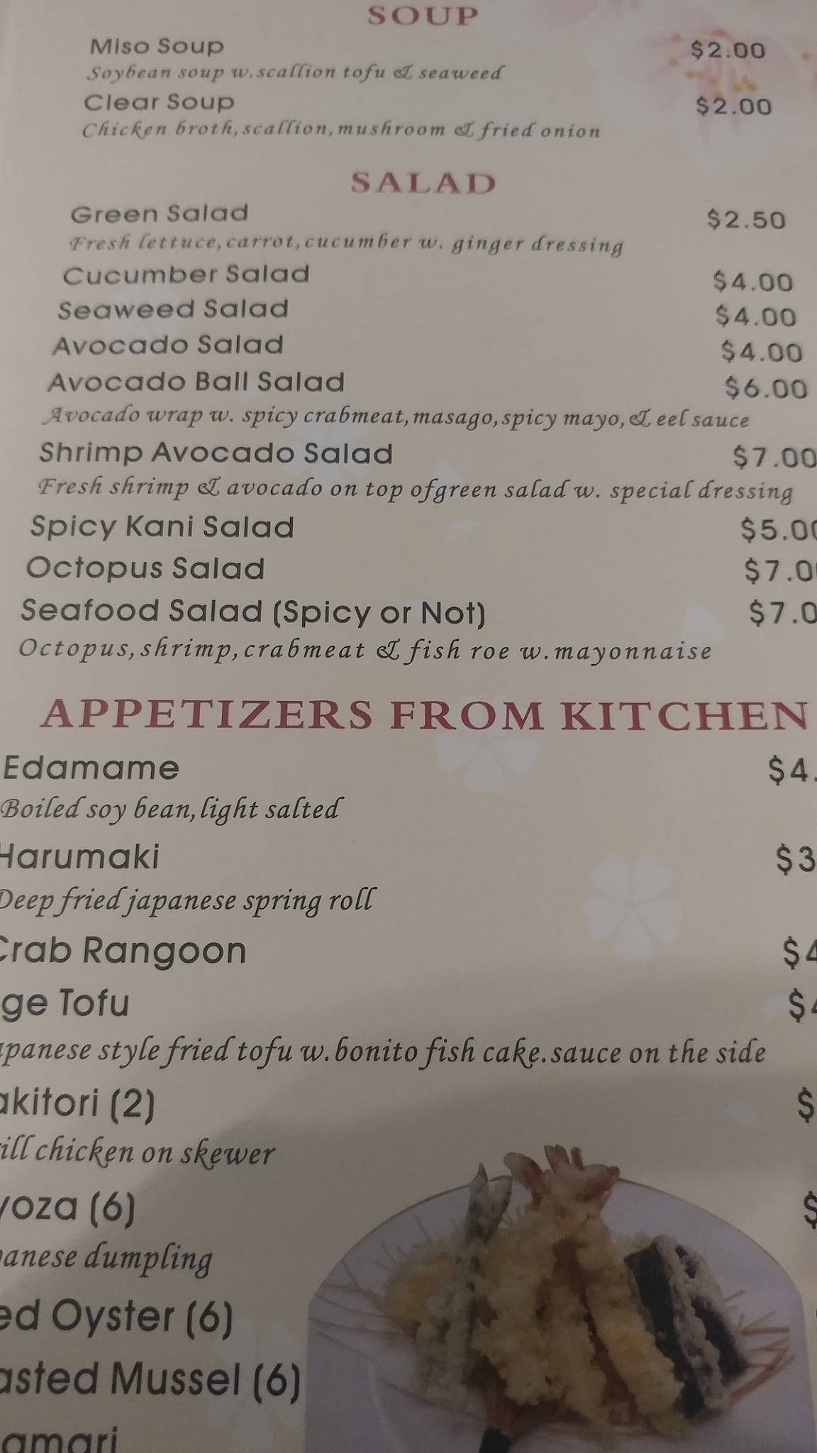 Menu at Asahi Japanese Hibachi & Sushi Bar, Ada