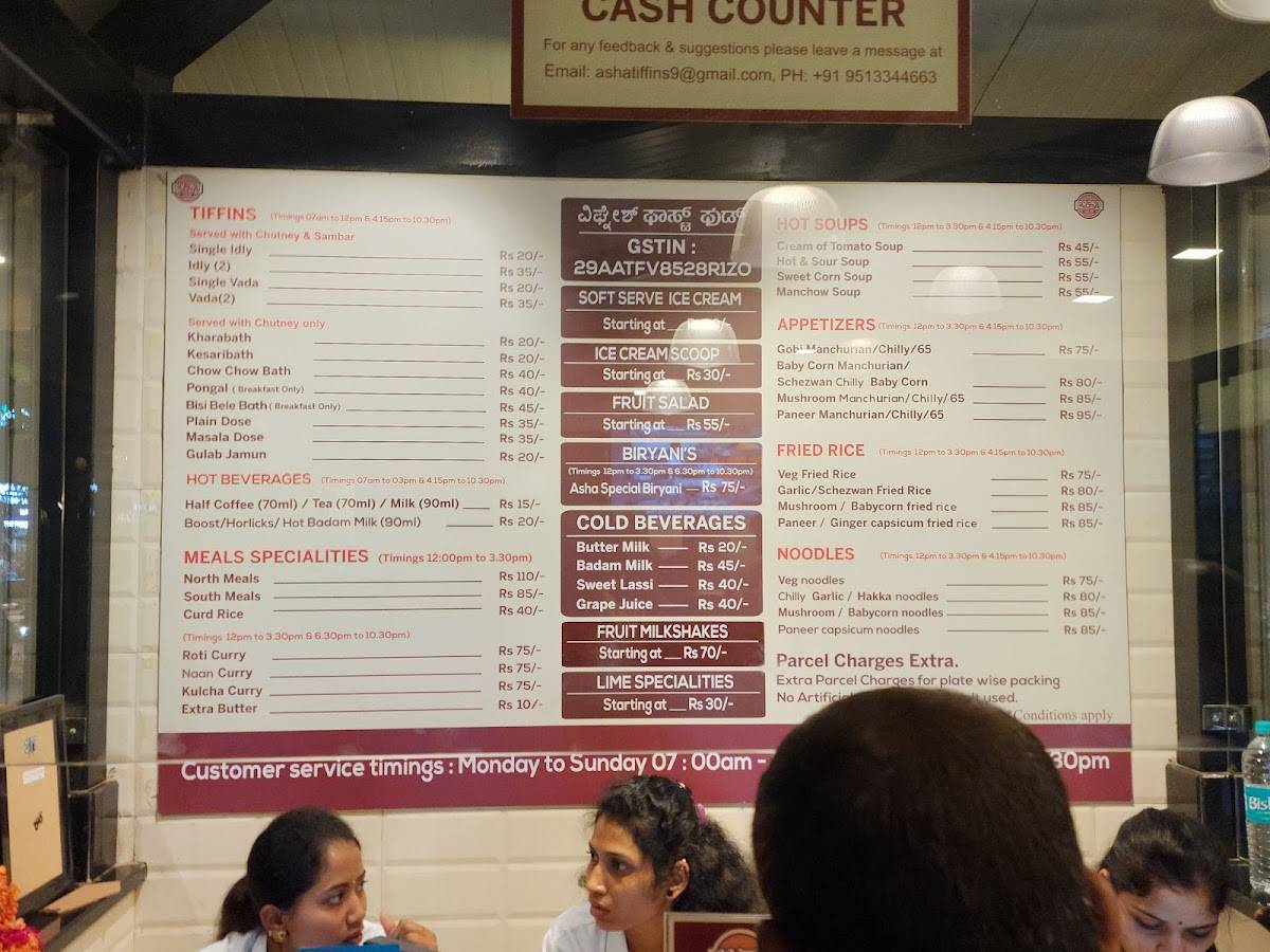 Menu at Asha Tiffins, Bengaluru, 551