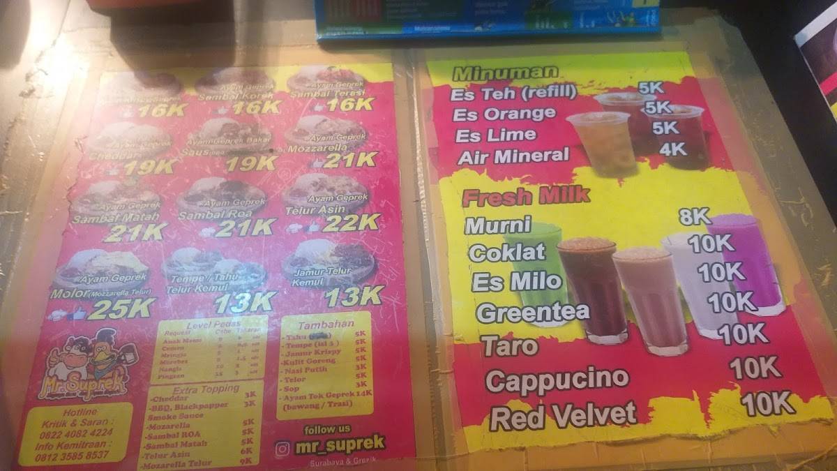 Carta del restaurante Ayam Geprek Mr Suprek Ubaya, Surabaya