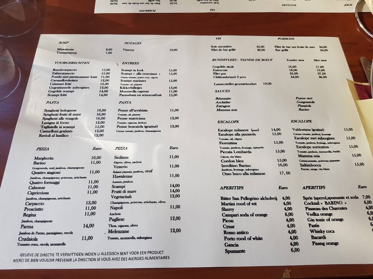 Menu at BARINO, Vilvoorde