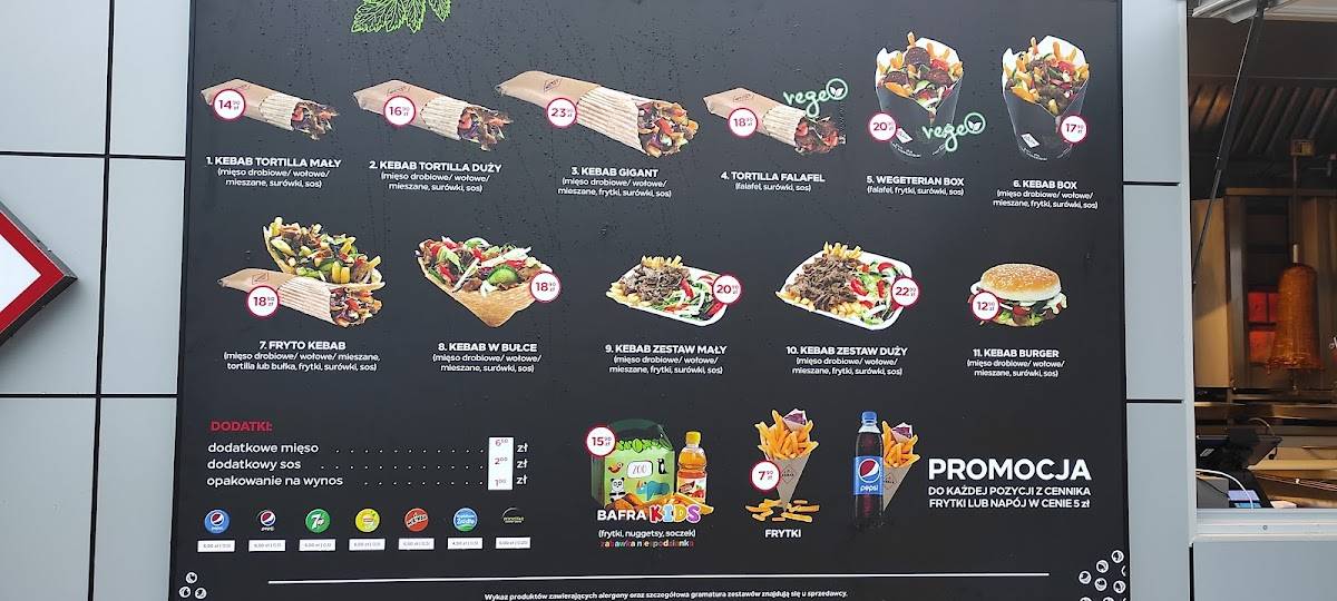 Menu at Bafra Kebab restaurant, Krasnystaw