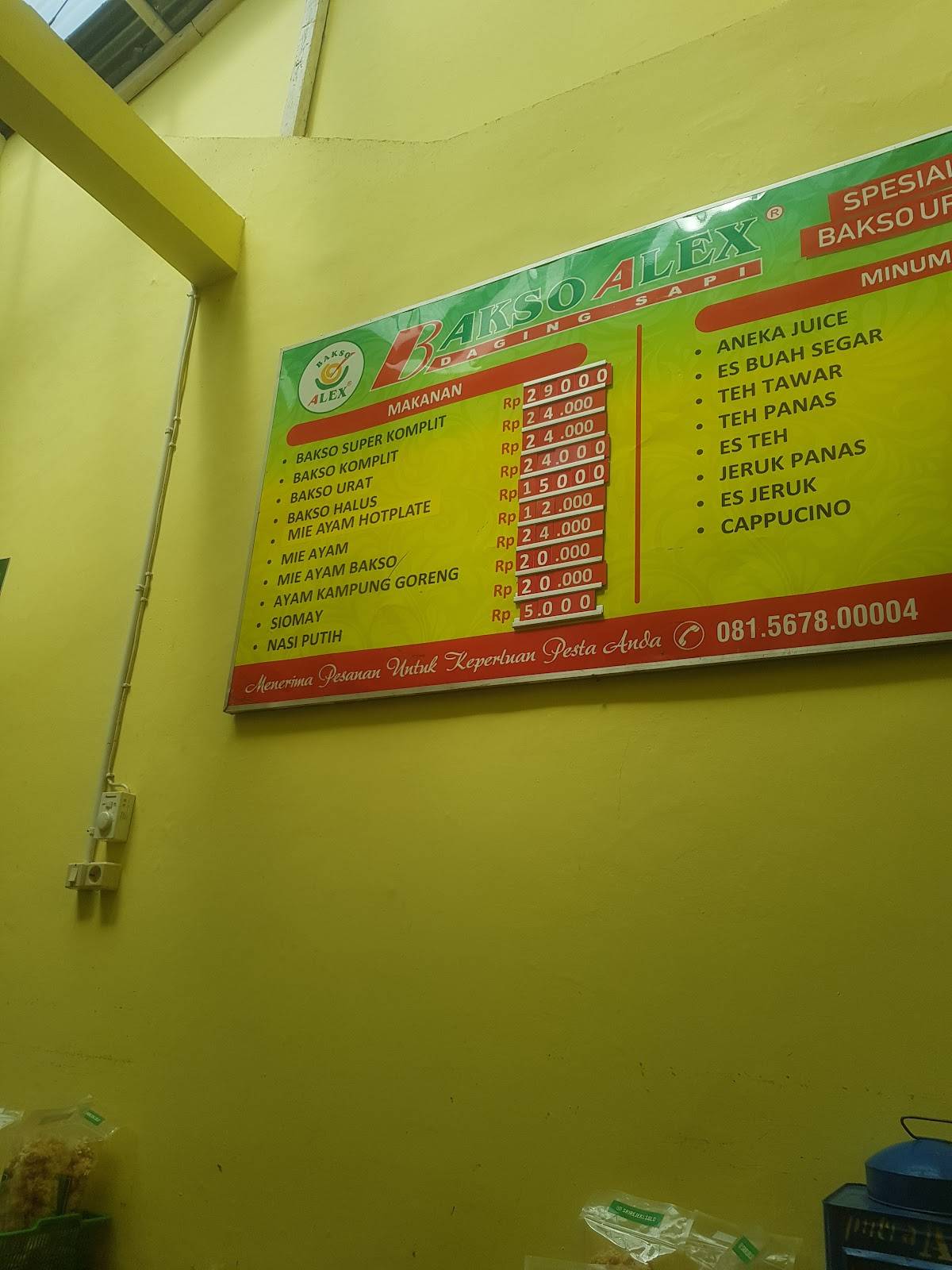 Menu at Bakso Alex restaurant, Semarang