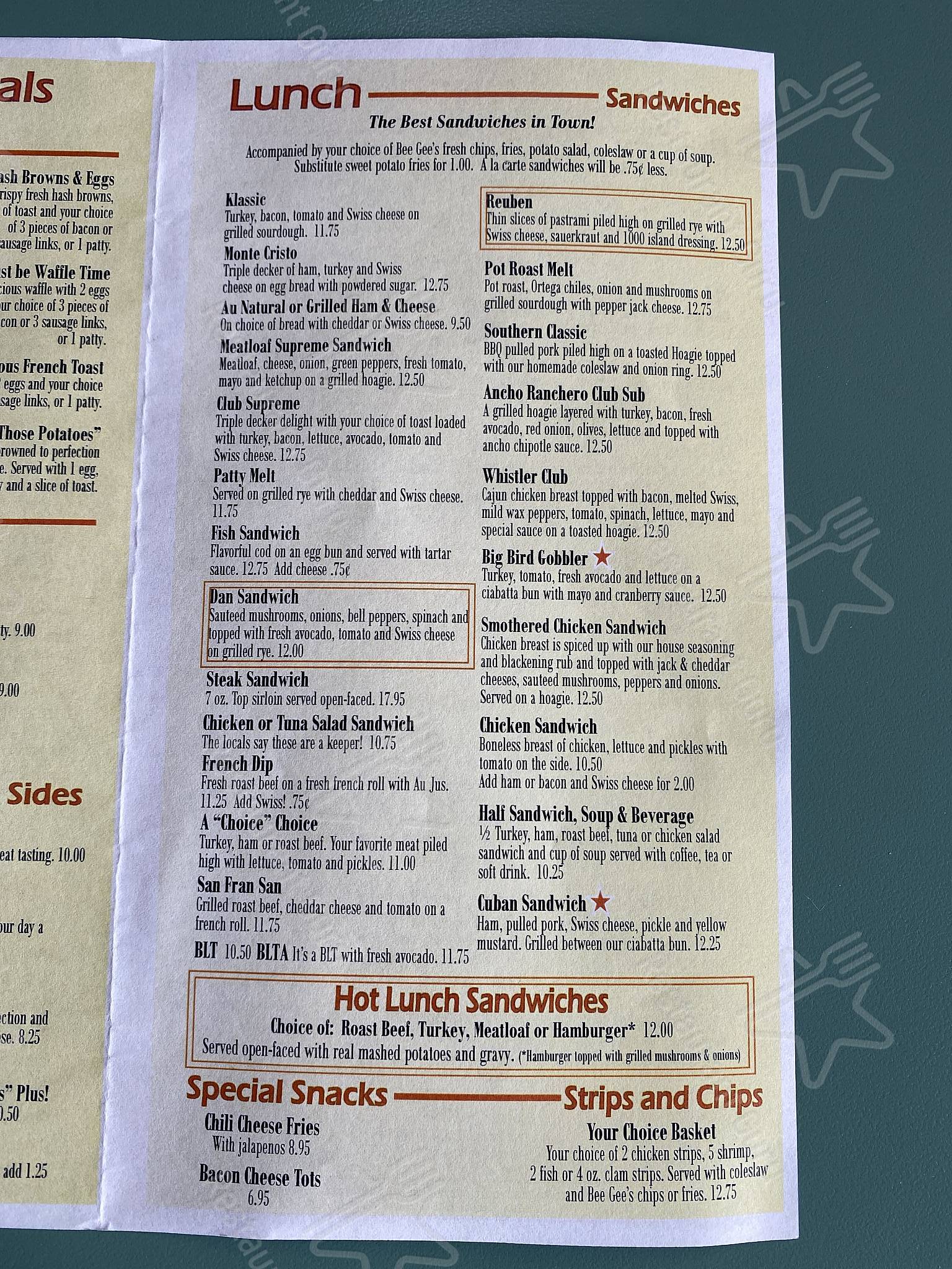 Menu at BeeGees Diner restaurant, Rogue River