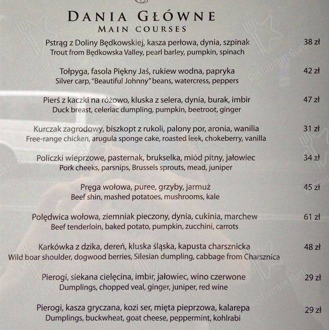Menu at Biała Róża restaurant, Kraków