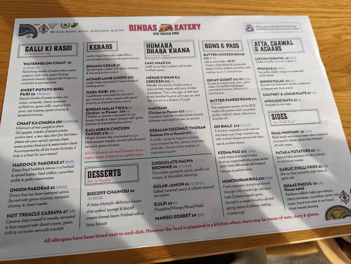 Menu at Bindas Eatery Westfield restaurant, London