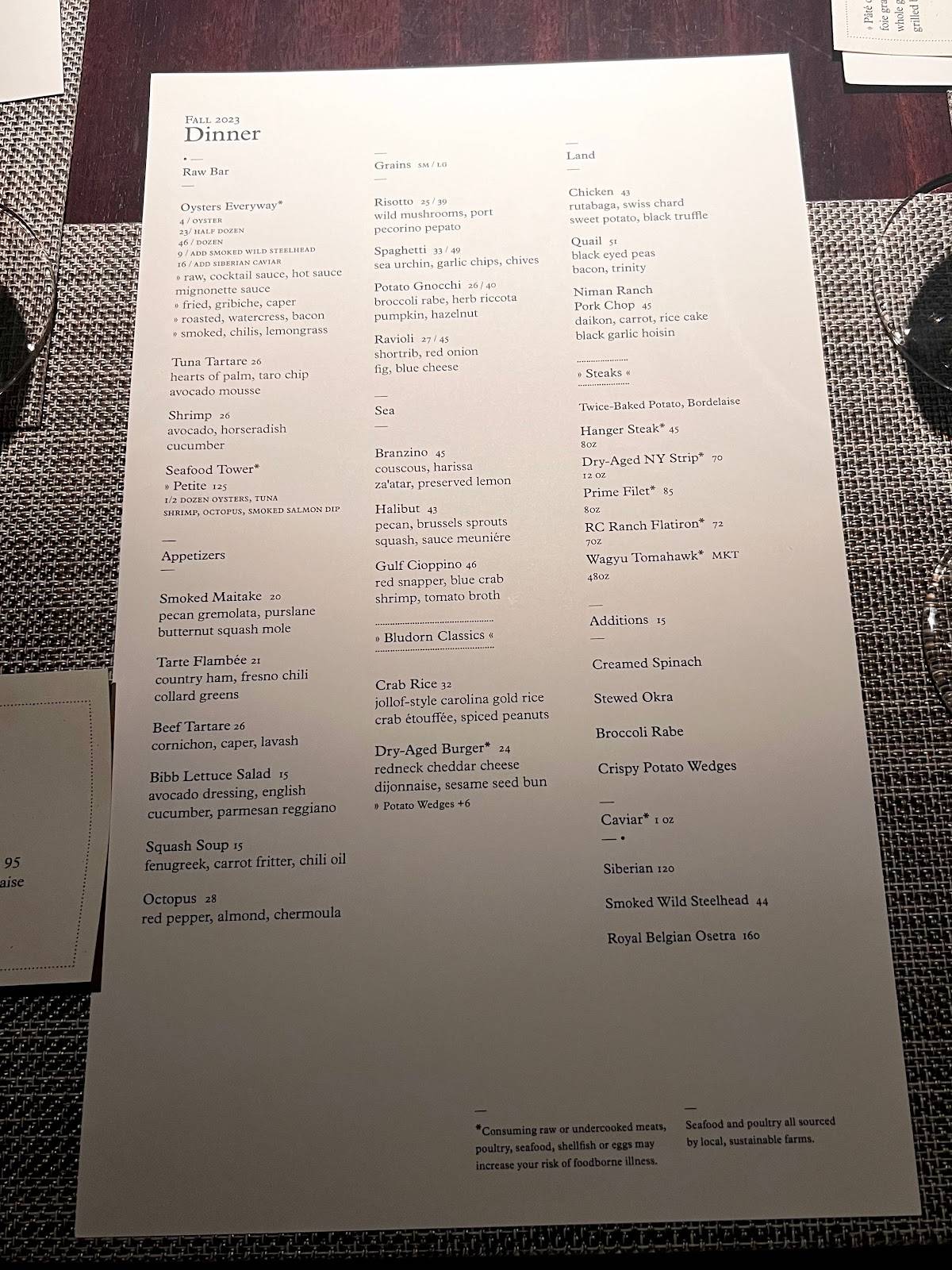Menu at Bludorn restaurant, Houston