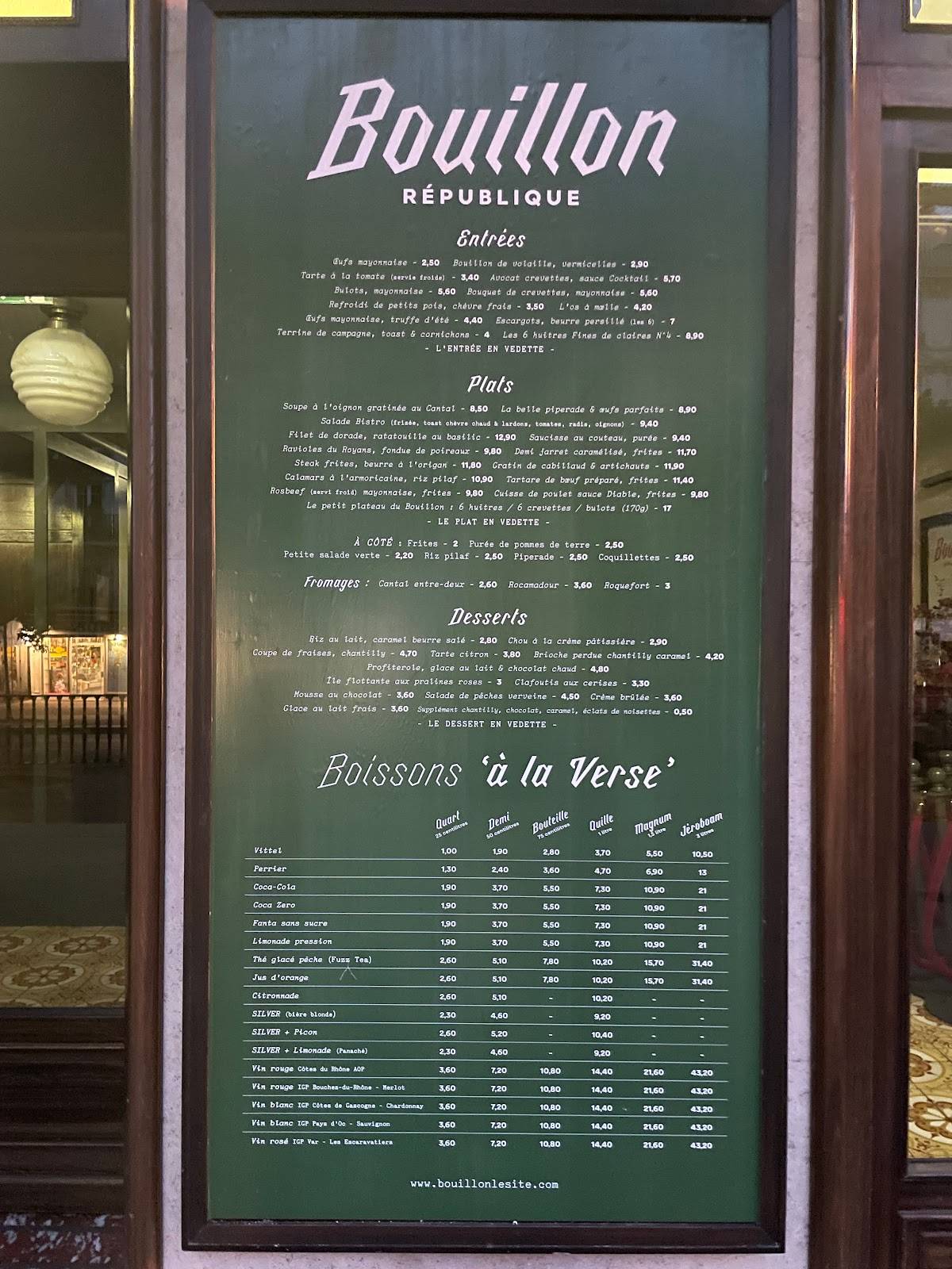 Menu au Bouillon République, Paris