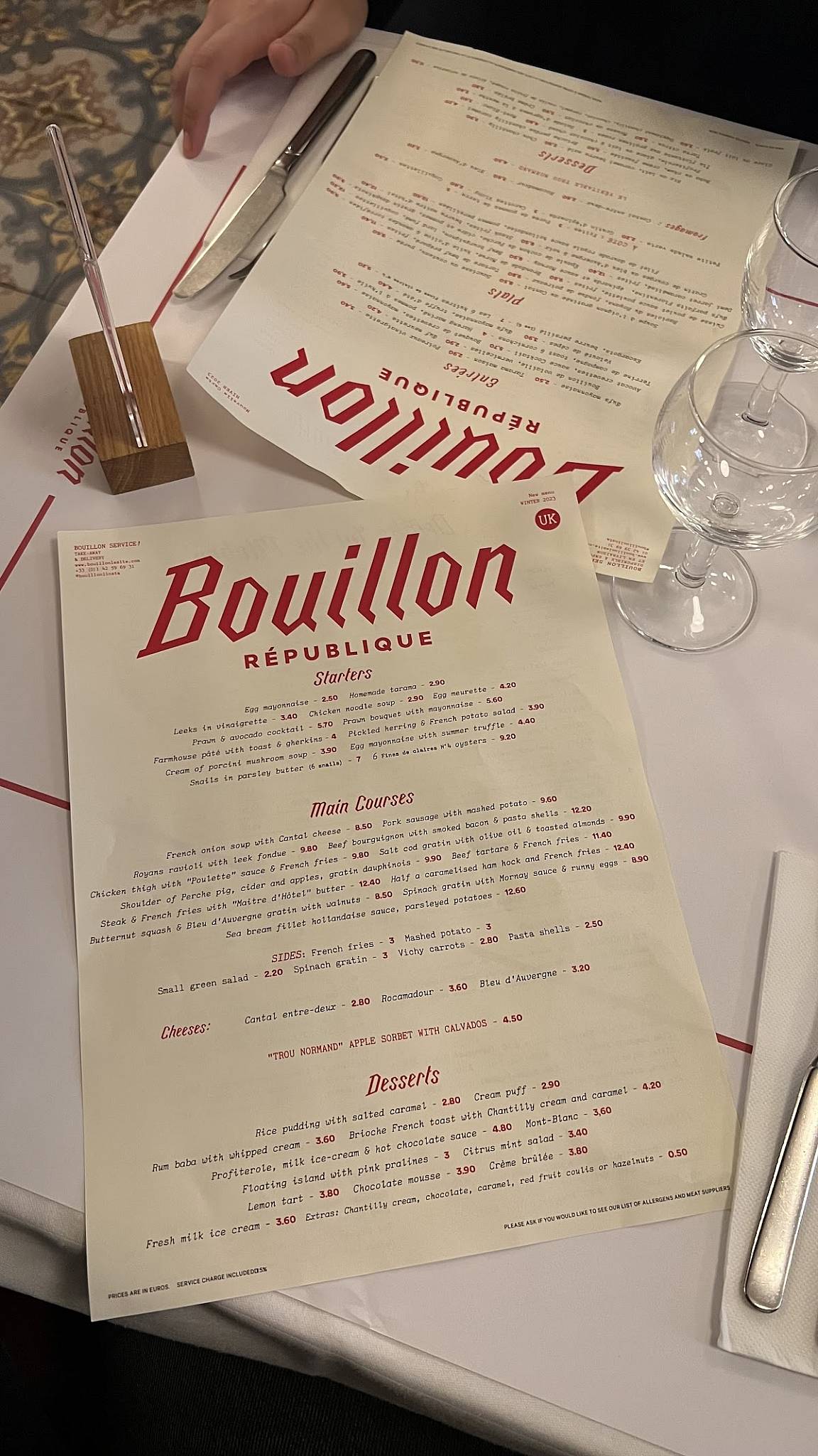 Menu au Bouillon République, Paris