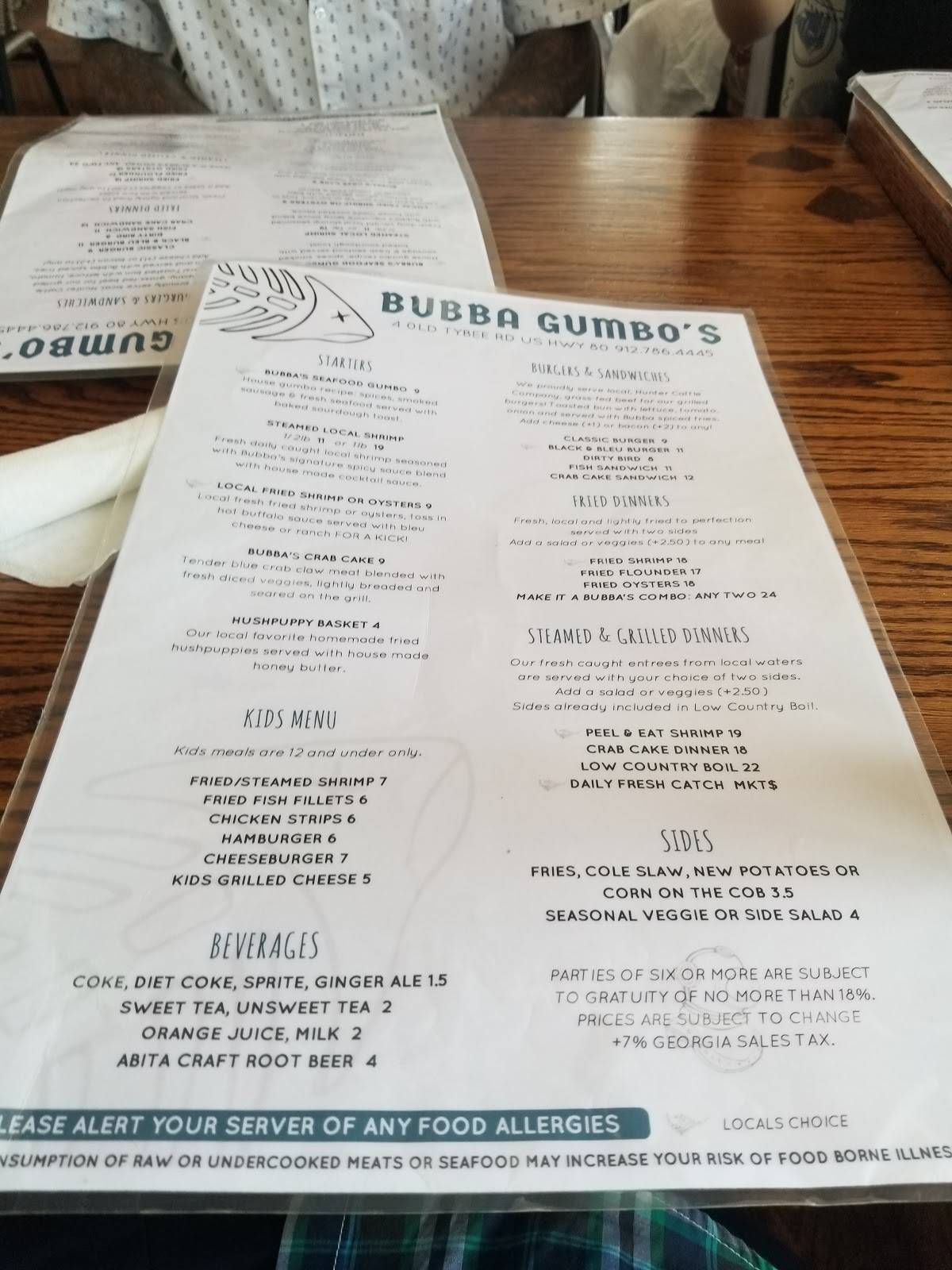 Menu at Bubba Gumbo’s restaurant, Tybee Island