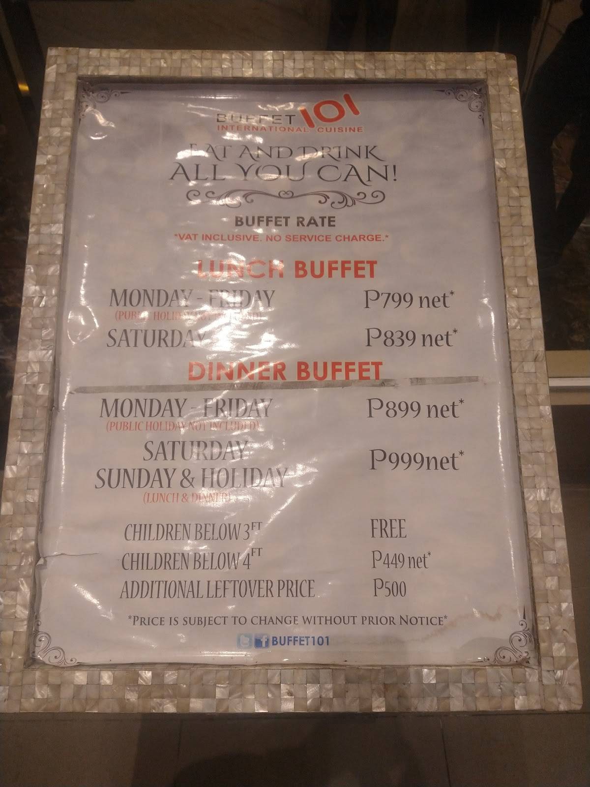 Menu at Buffet 101 restaurant, Mandaue City