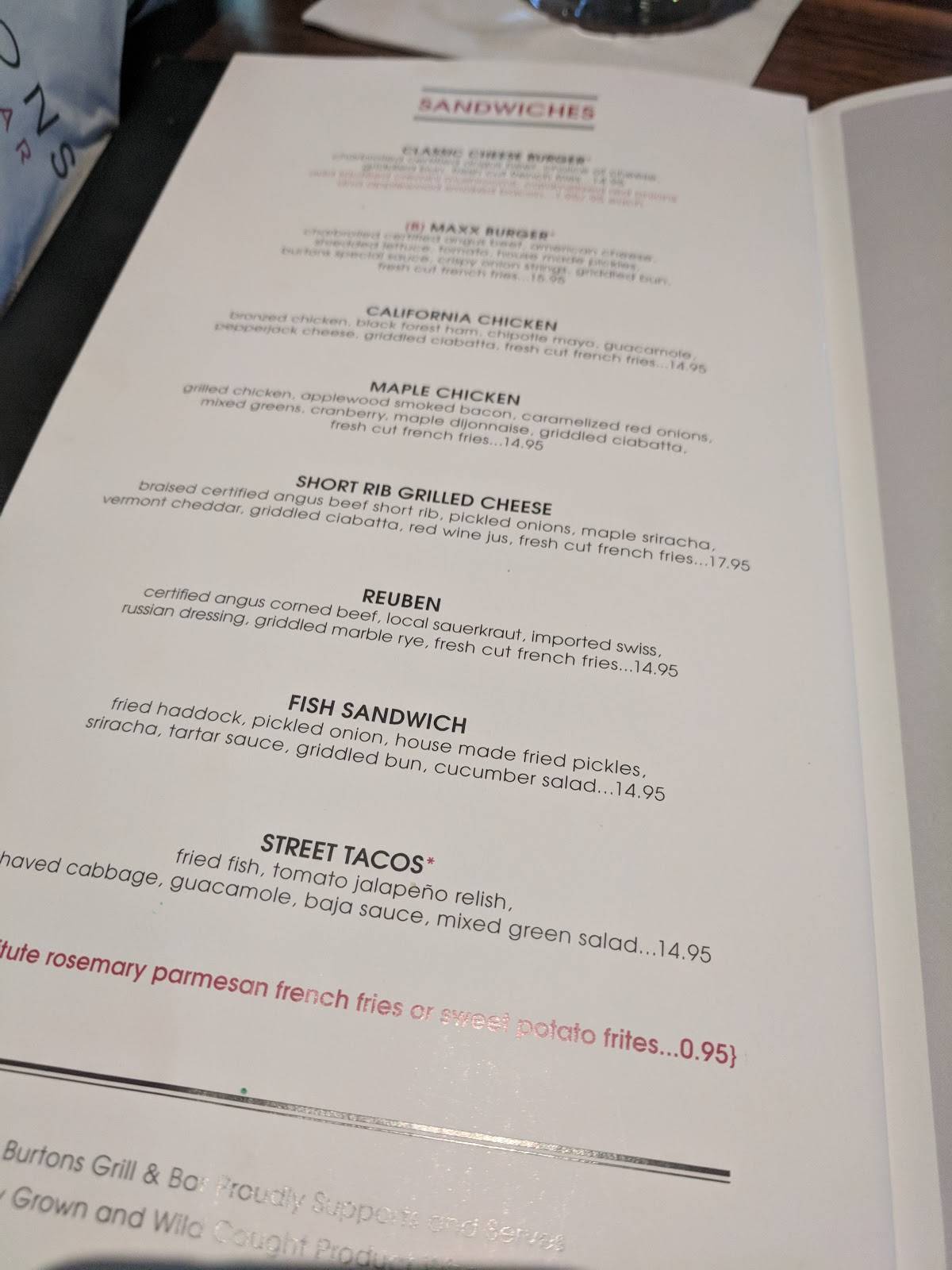 Menu at Burtons Grill & Bar, Boca Raton