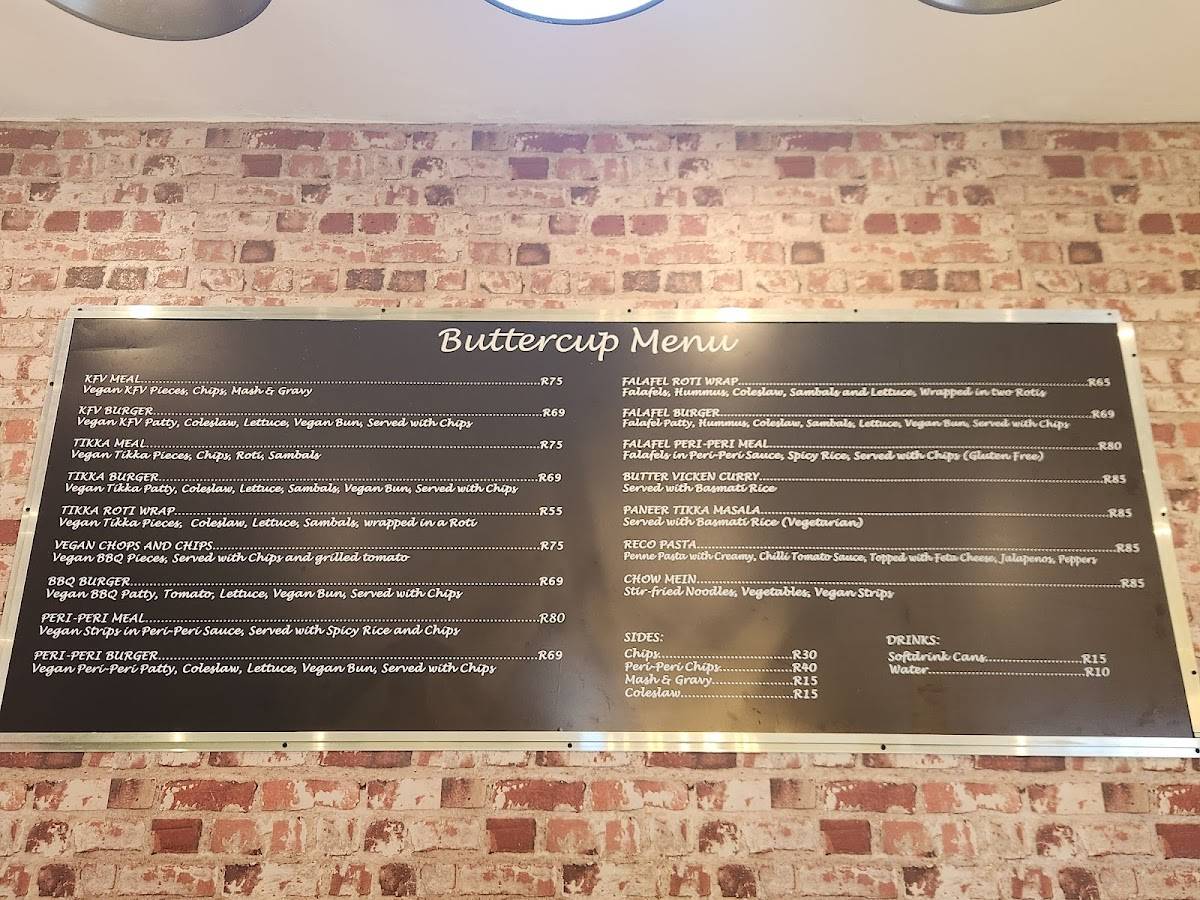 Menu at Buttercup vegetarian and vegan Cafe, Durban