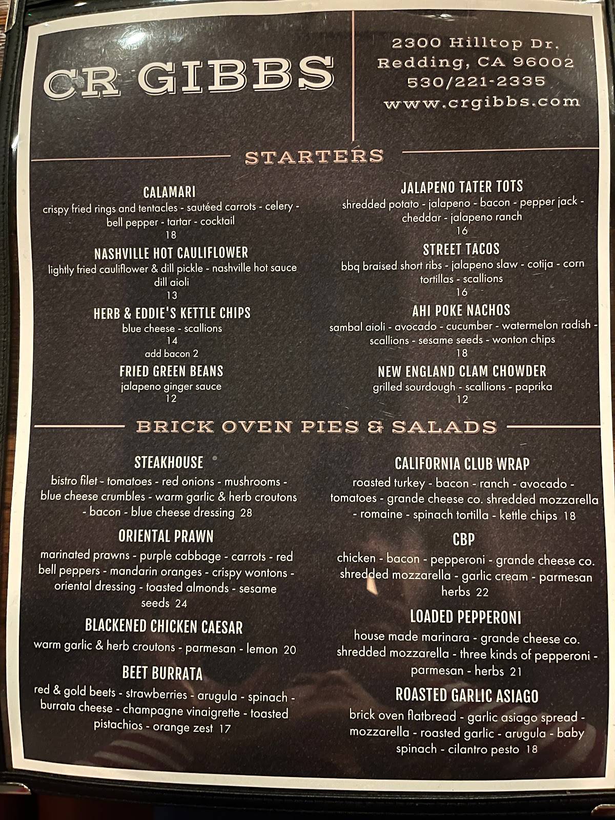 Menu at C.R. Gibbs American Grille restaurant, Redding