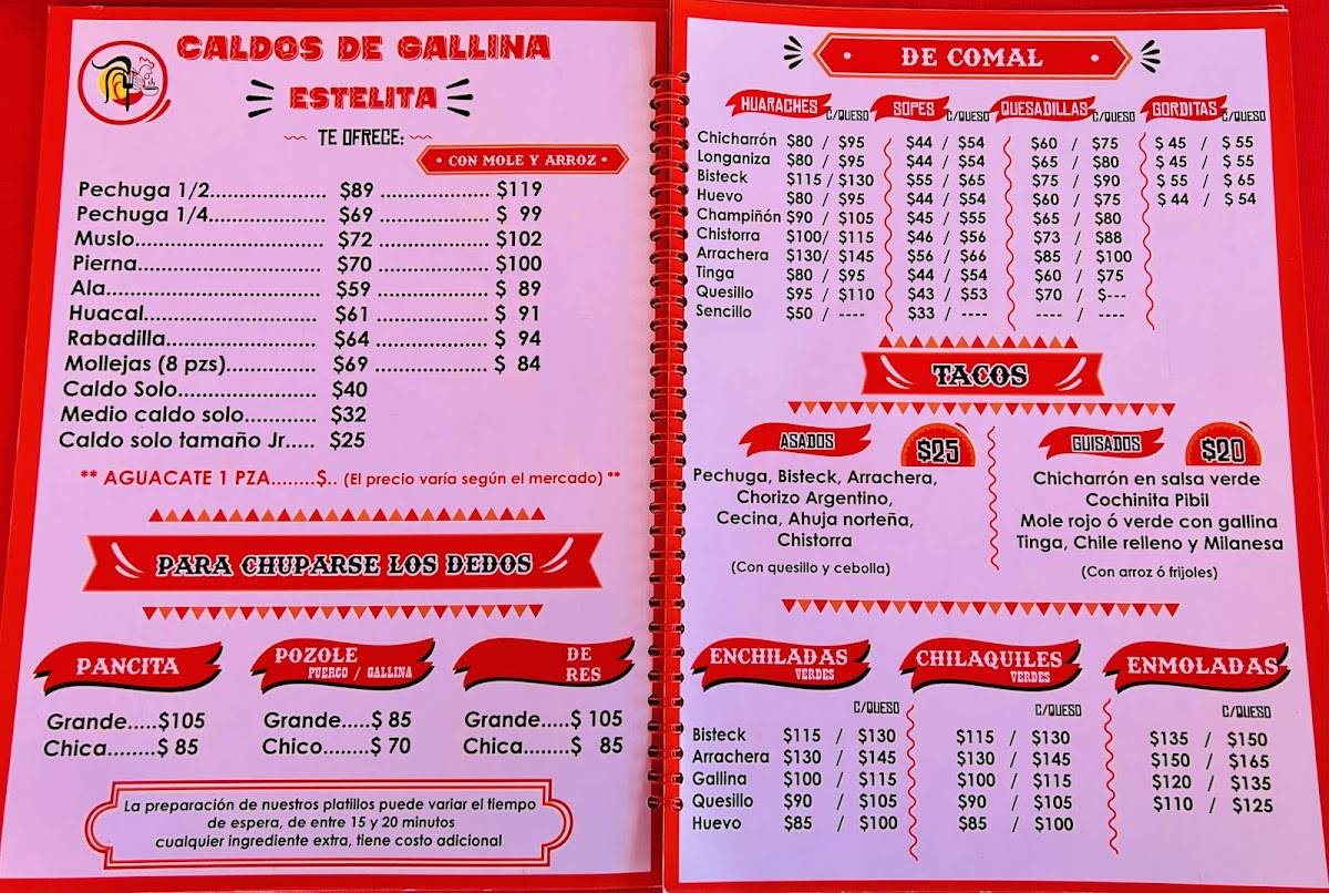 Menu at Caldos de Gallina Estelita restaurant, Pachuca